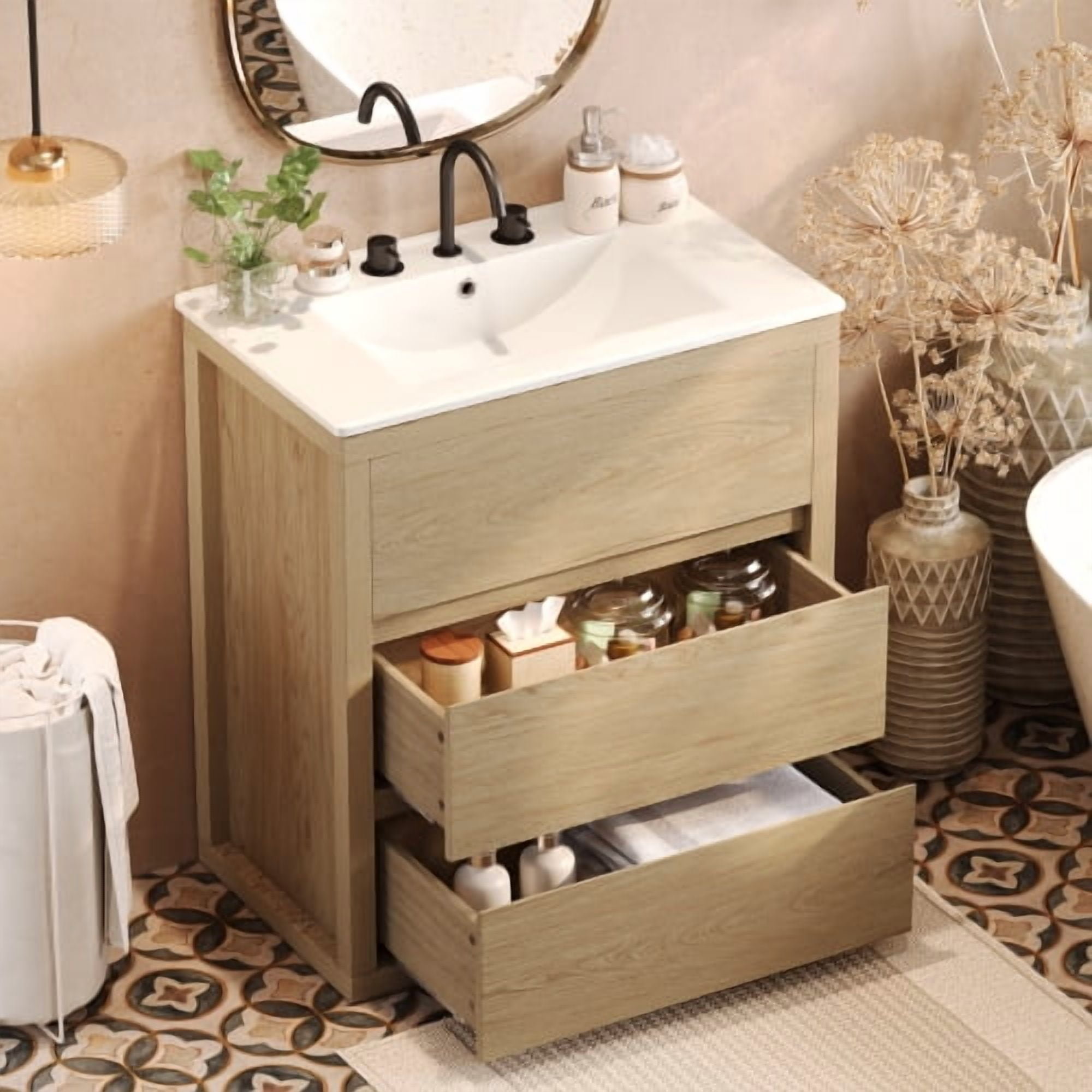 30" Bathroom Vanity with Ceramic Sink, Modern Freestanding Cabinet, 2 ...