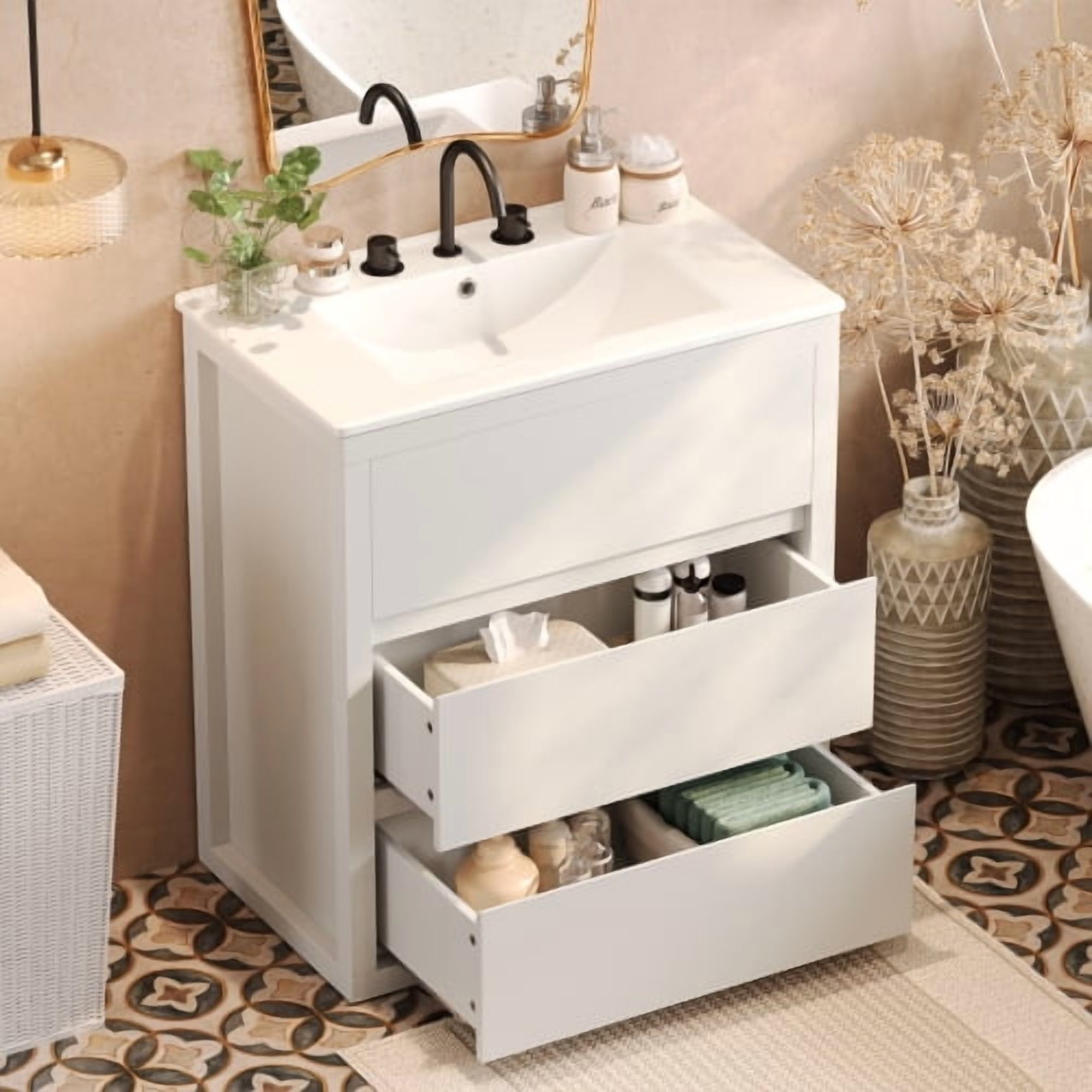 30" Bathroom Vanity with Ceramic Sink, Modern Freestanding Cabinet, 2 ...