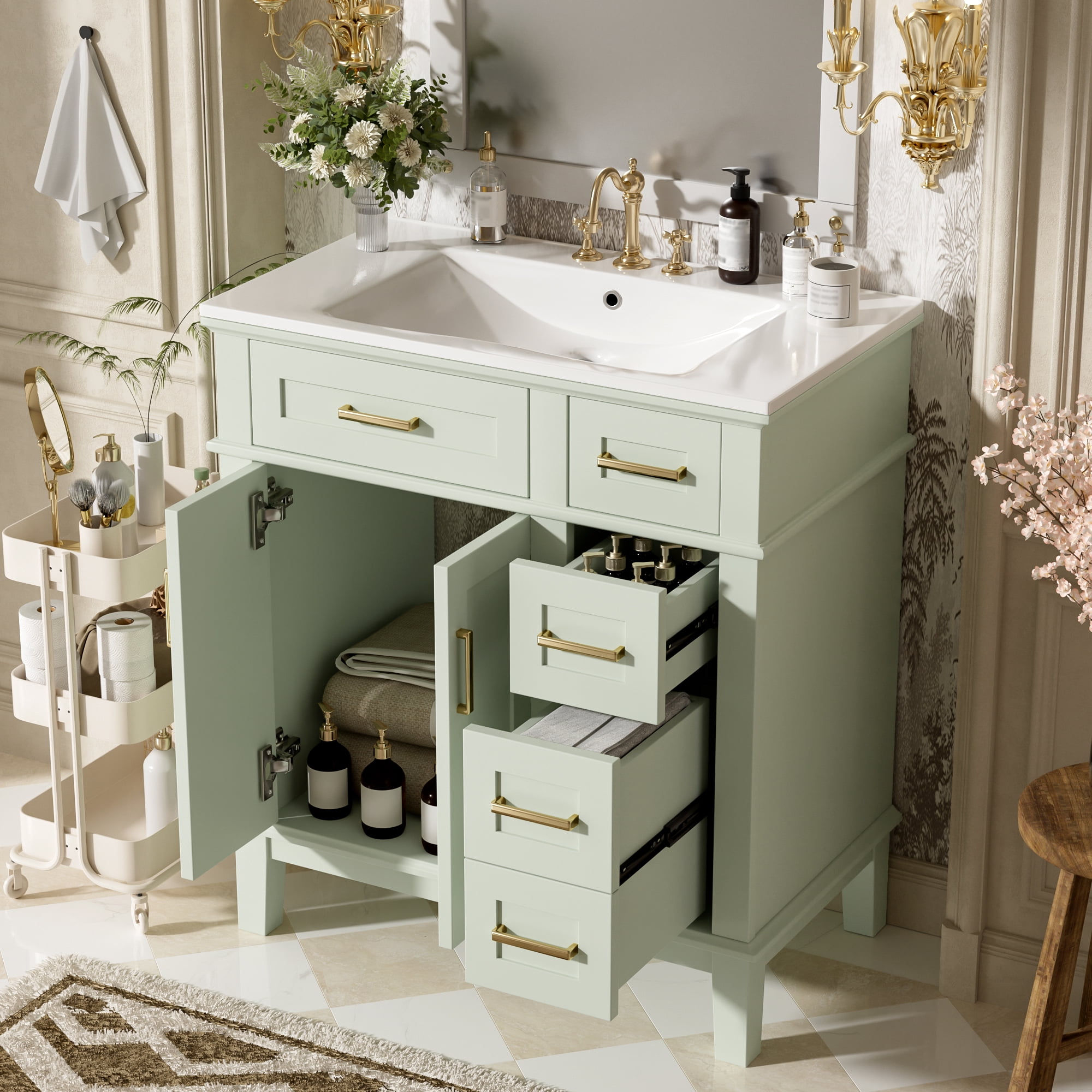 30" Bathroom Vanity with Ceramic Sink, Modern Storage Cabinet with Soft ...