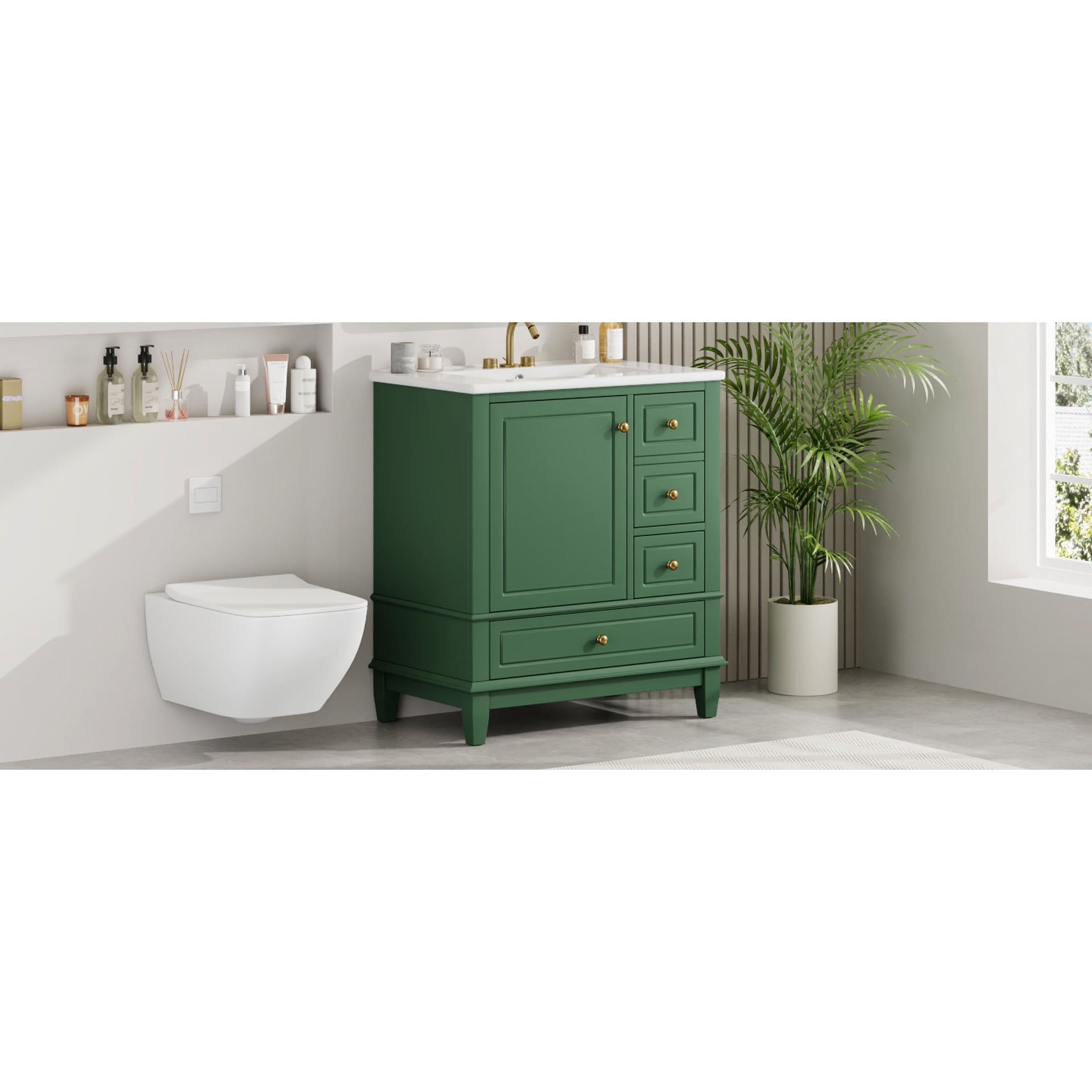 30" Bathroom Vanity With Ceramic Sink, . One Door Shelf & 3 Drawers ...
