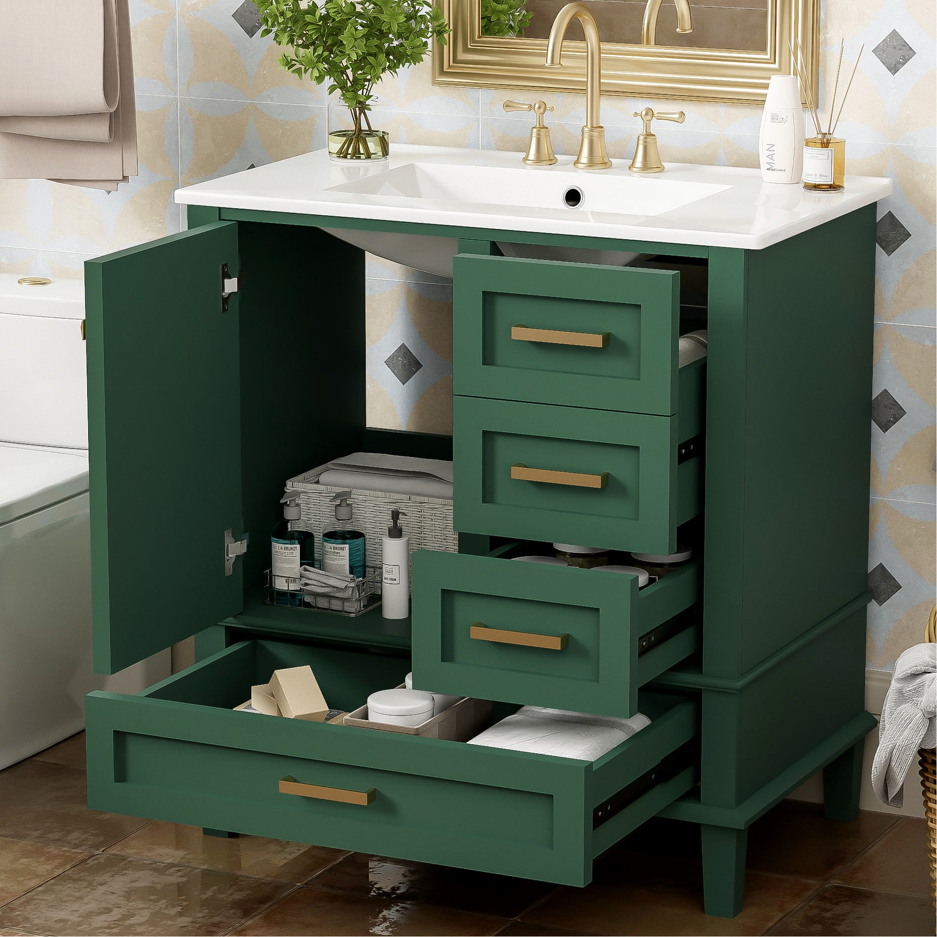 30" Bathroom Vanity in Green Color | Spacious Storage with 3 Drawers ...