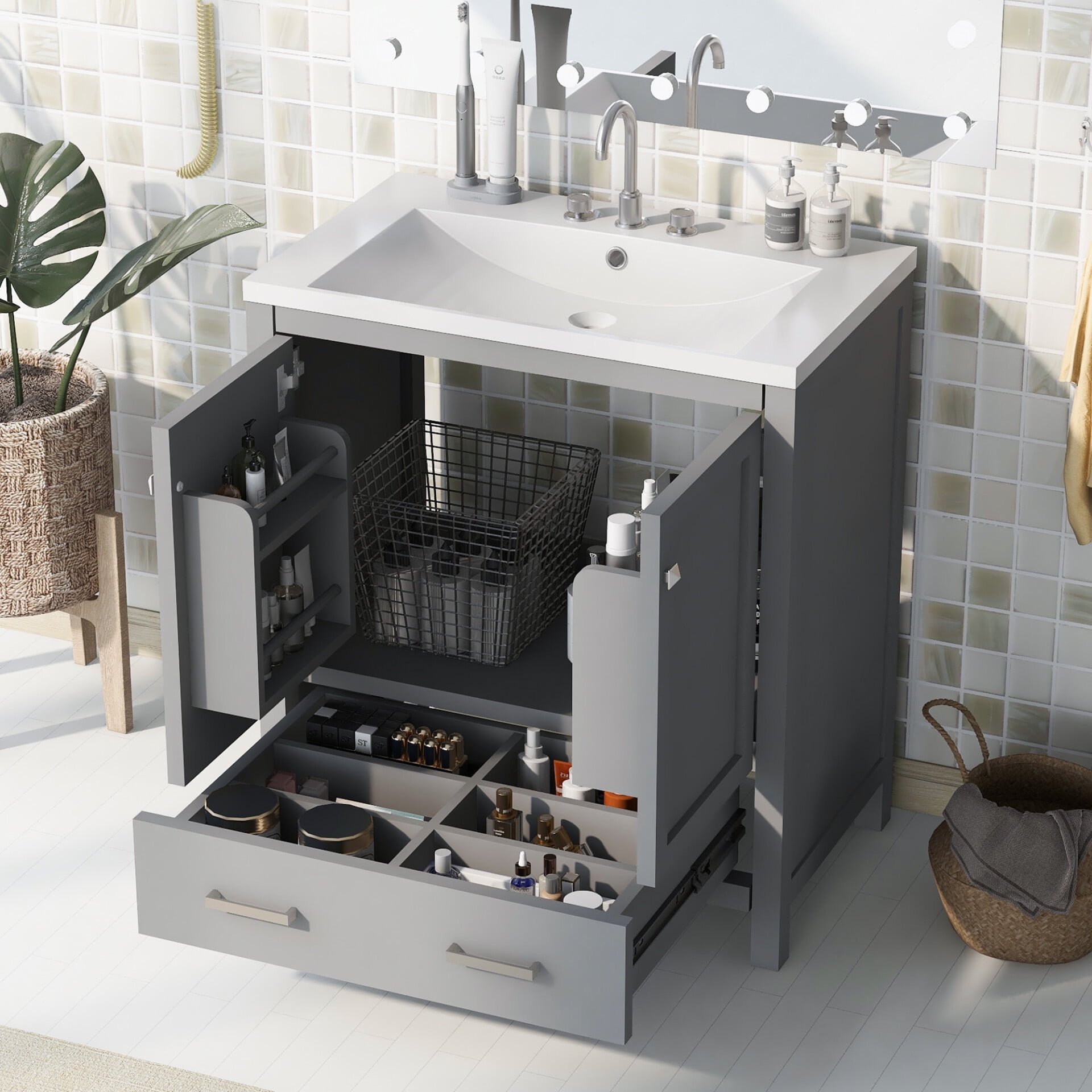 30" Bathroom Vanity with Single Sink, Multifunctional Storage Combo ...