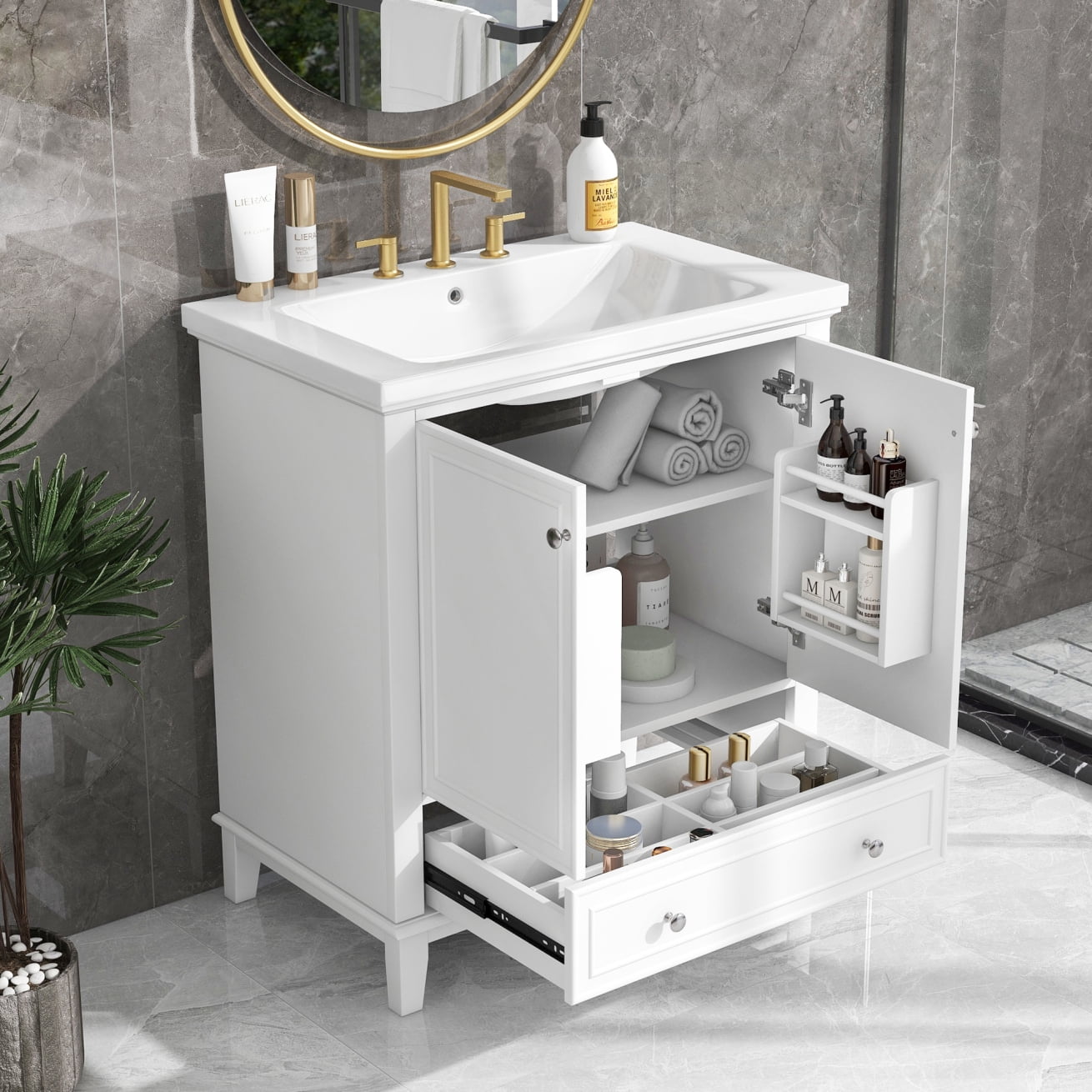 30" Bathroom Vanity Sink Cabinet, Vanity Cabinets with Ceramic Sink and ...