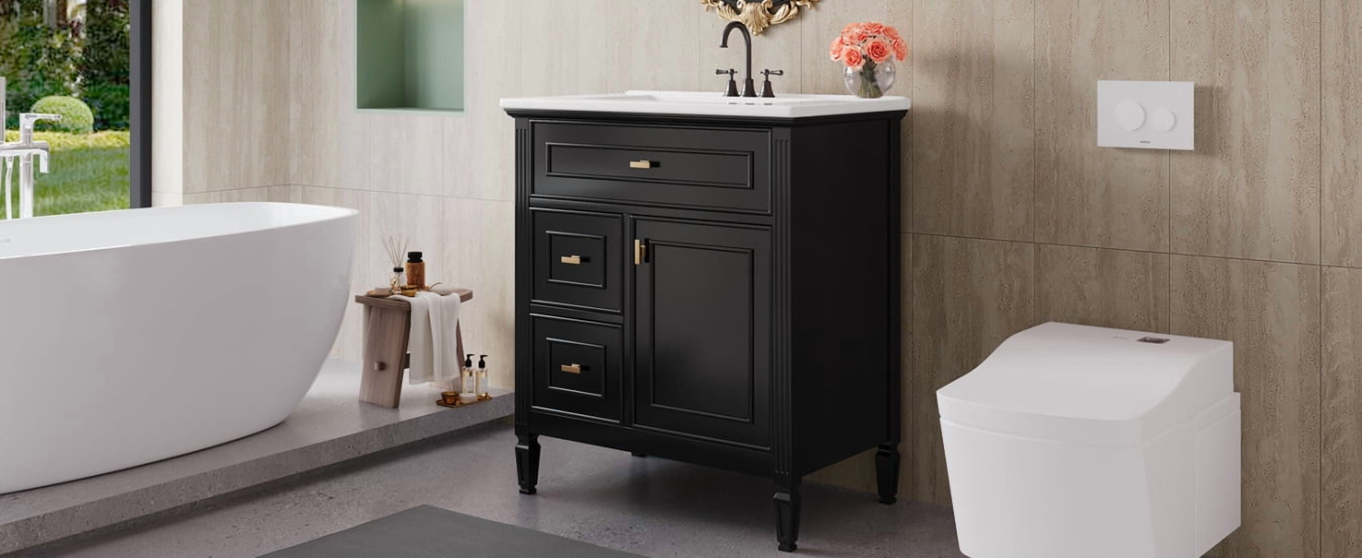30" Bathroom Vanity with Sink - Solid Wood & MDF Cabinet, Black Finish ...
