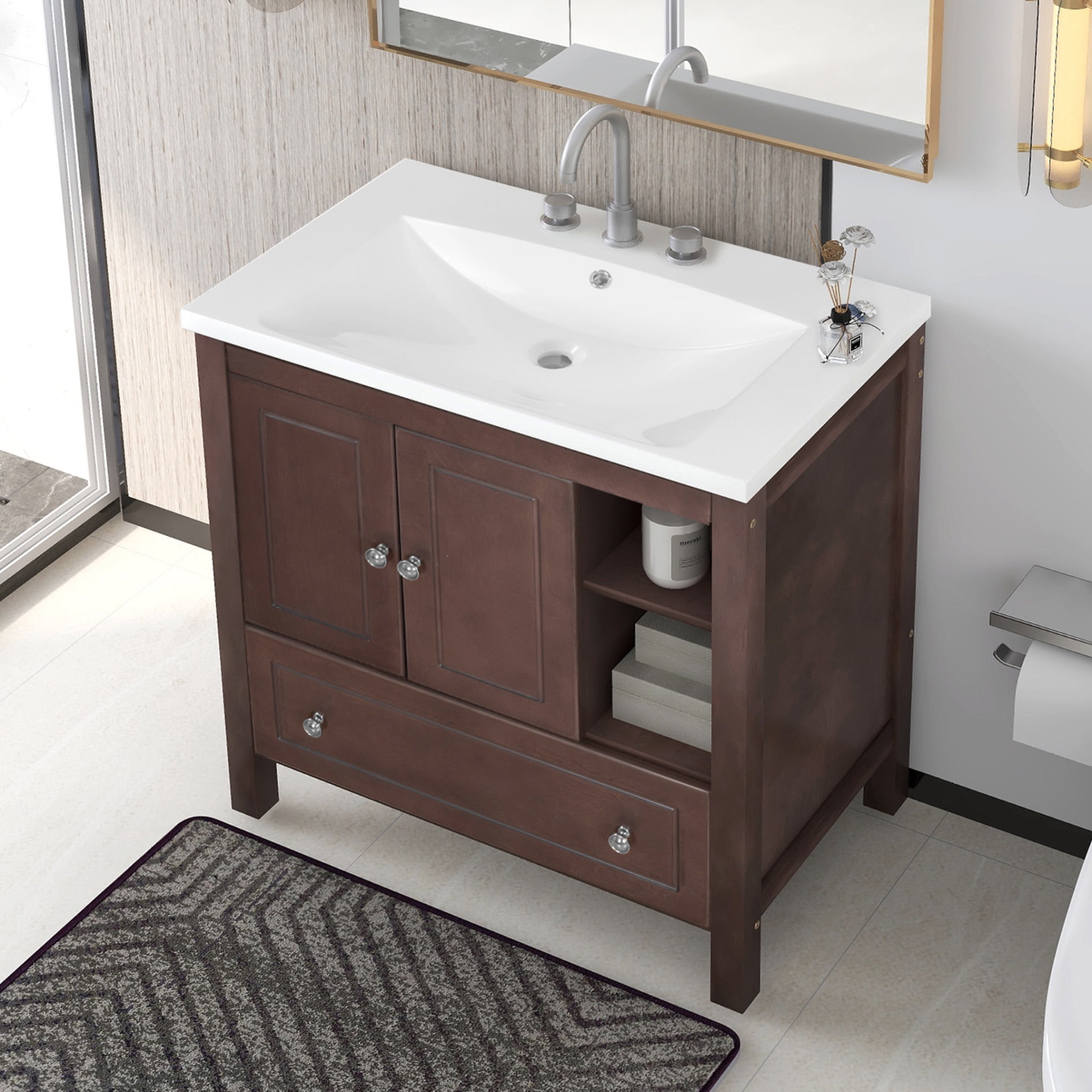 30" Bathroom Vanity with Sink, Bathroom Vanities with Open Shelf and ...