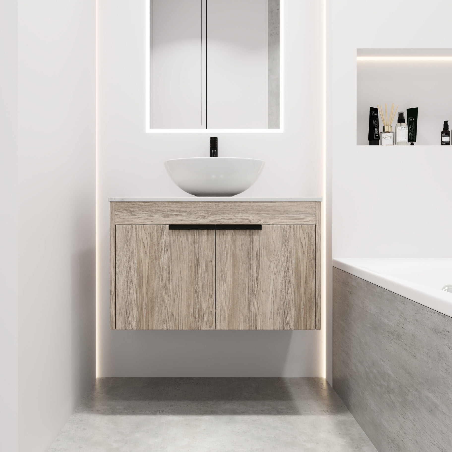 30" Bathroom Vanity | White Flat Stone Slab Combination | Soft-Close ...