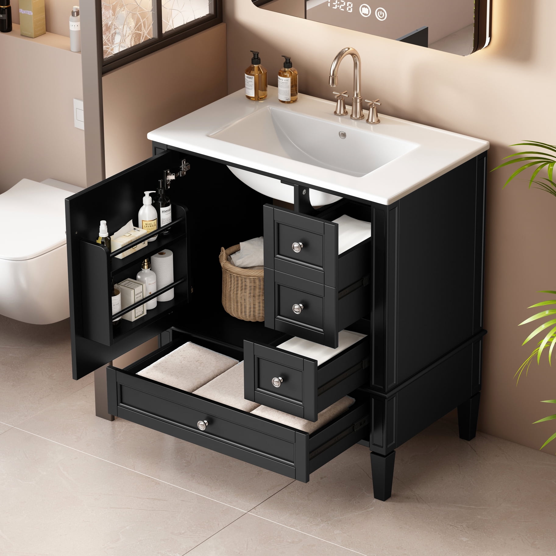 30" Bathroom Vanity With Ceramic Sink - Black Modern Cabinet 3 Drawers ...