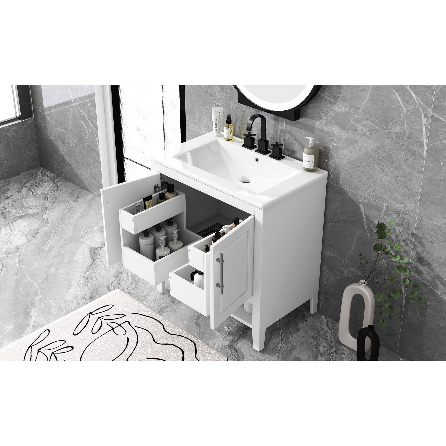 30" Bathroom Vanity With Sink, White Freestanding Cabinet Doors ...