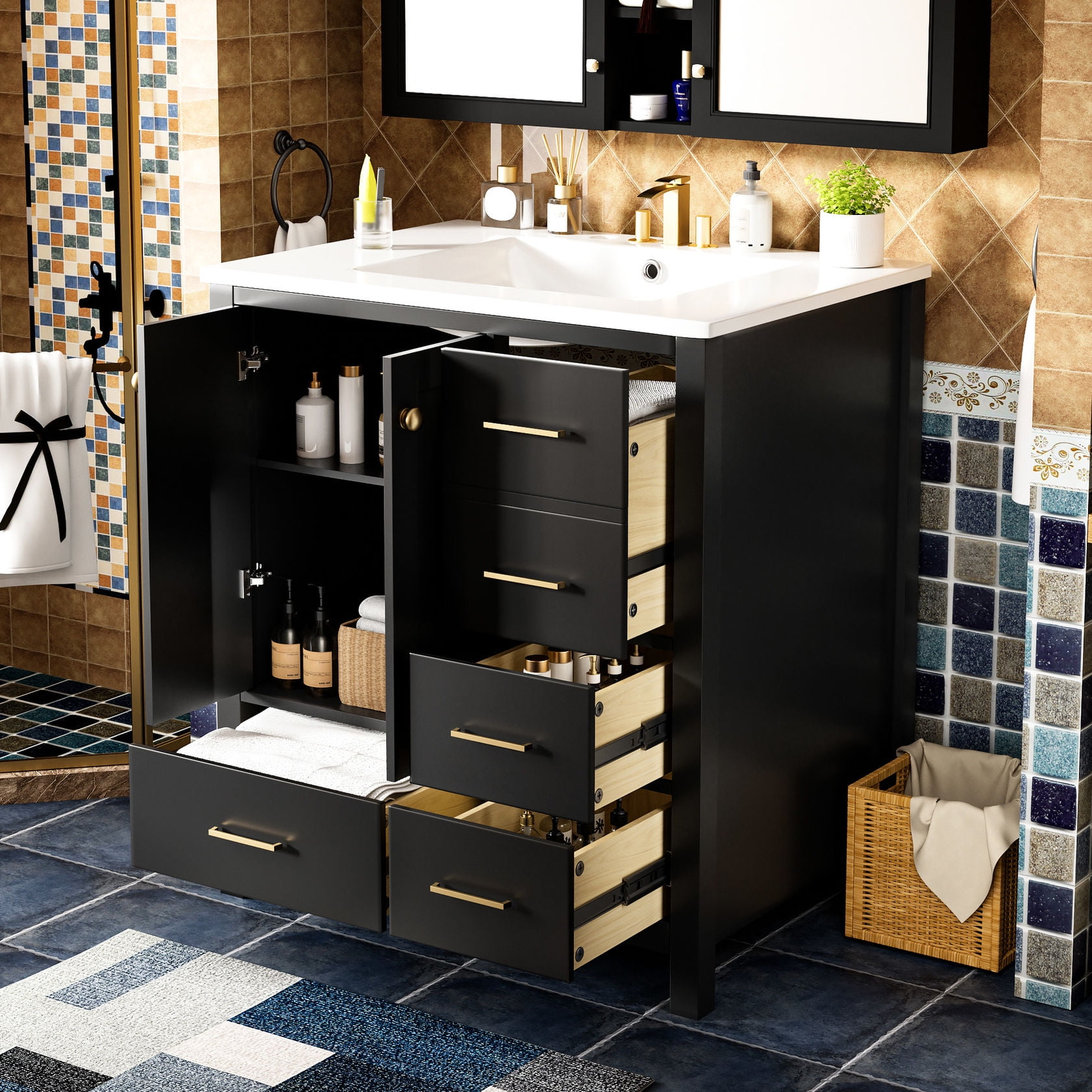 30'' Bathroom Vanity with Ceramic Sink, MDF & Solid Wood, Soft-Closing ...