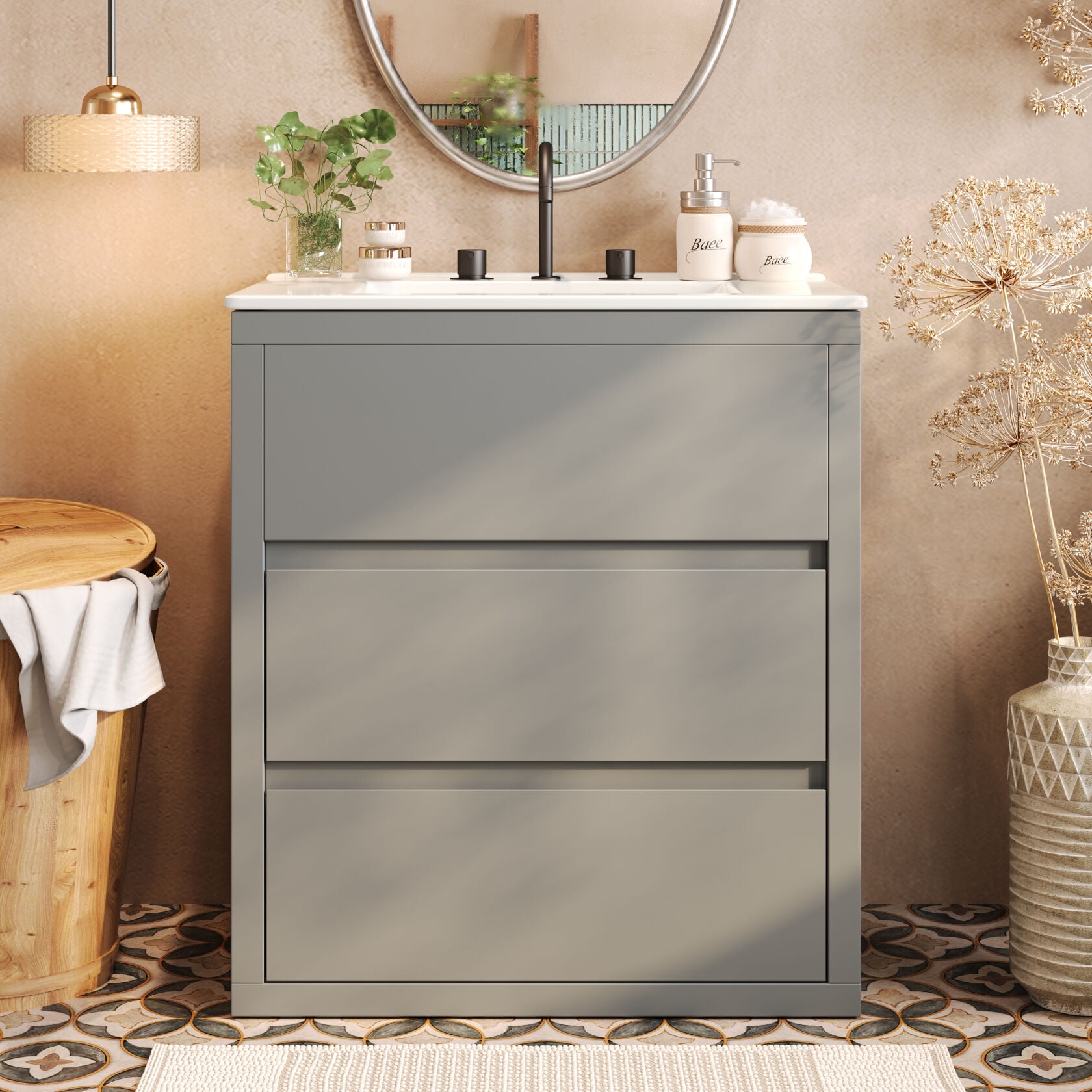 30" Bathroom Vanity with Ceramic Sink and 2 Full-Extension Drawers ...