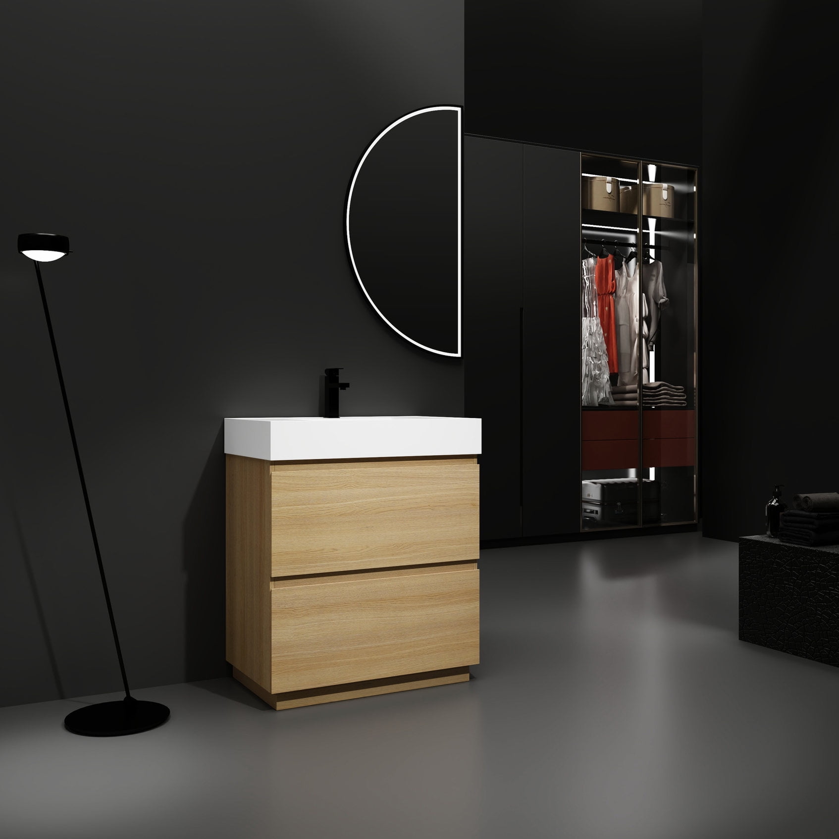 30" Bathroom Vanity with Single Sink, Engineered Wood and Oak Main ...