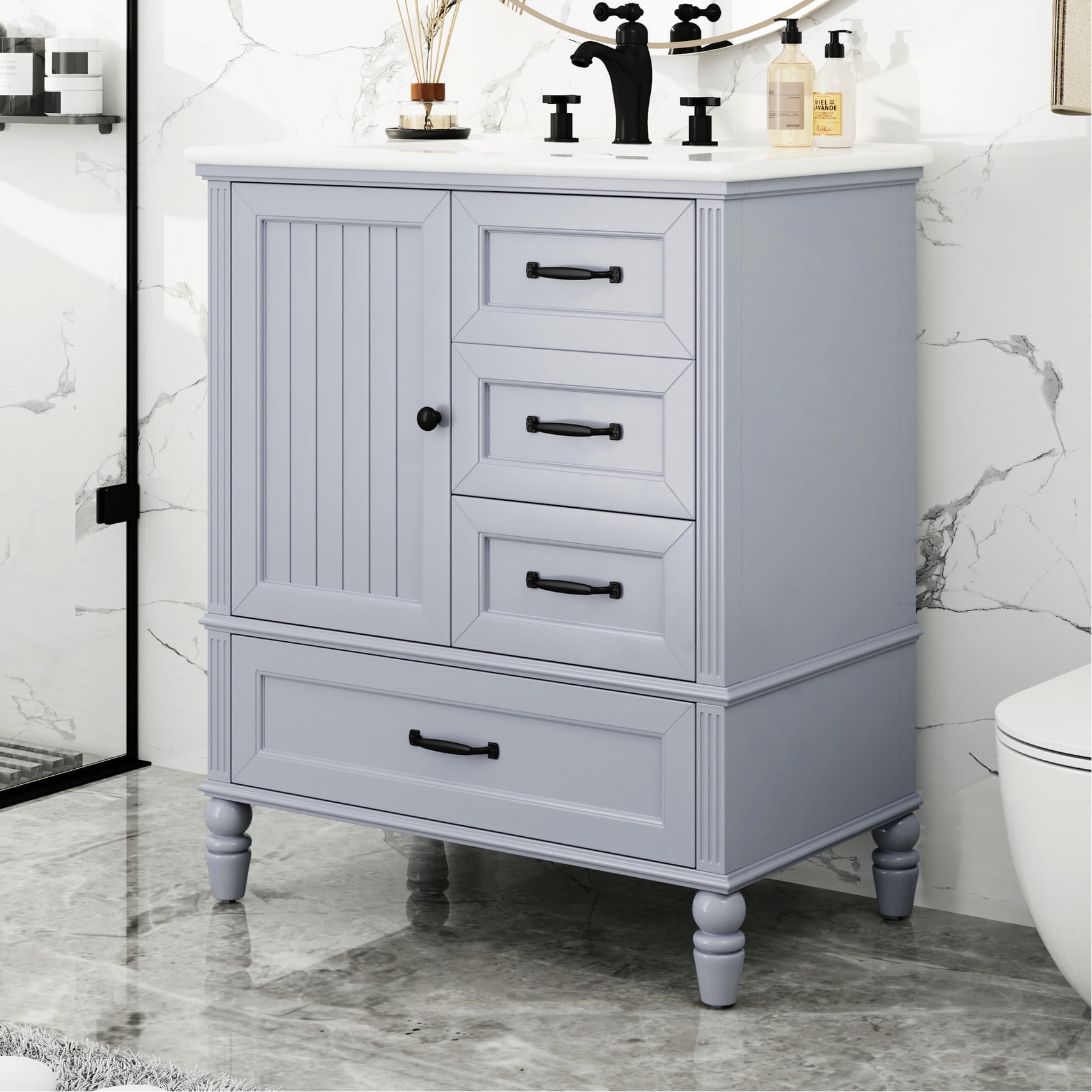 30" Bathroom Vanity with Sink, Acacia Wood Legs & MDF | Adjustable Foot ...