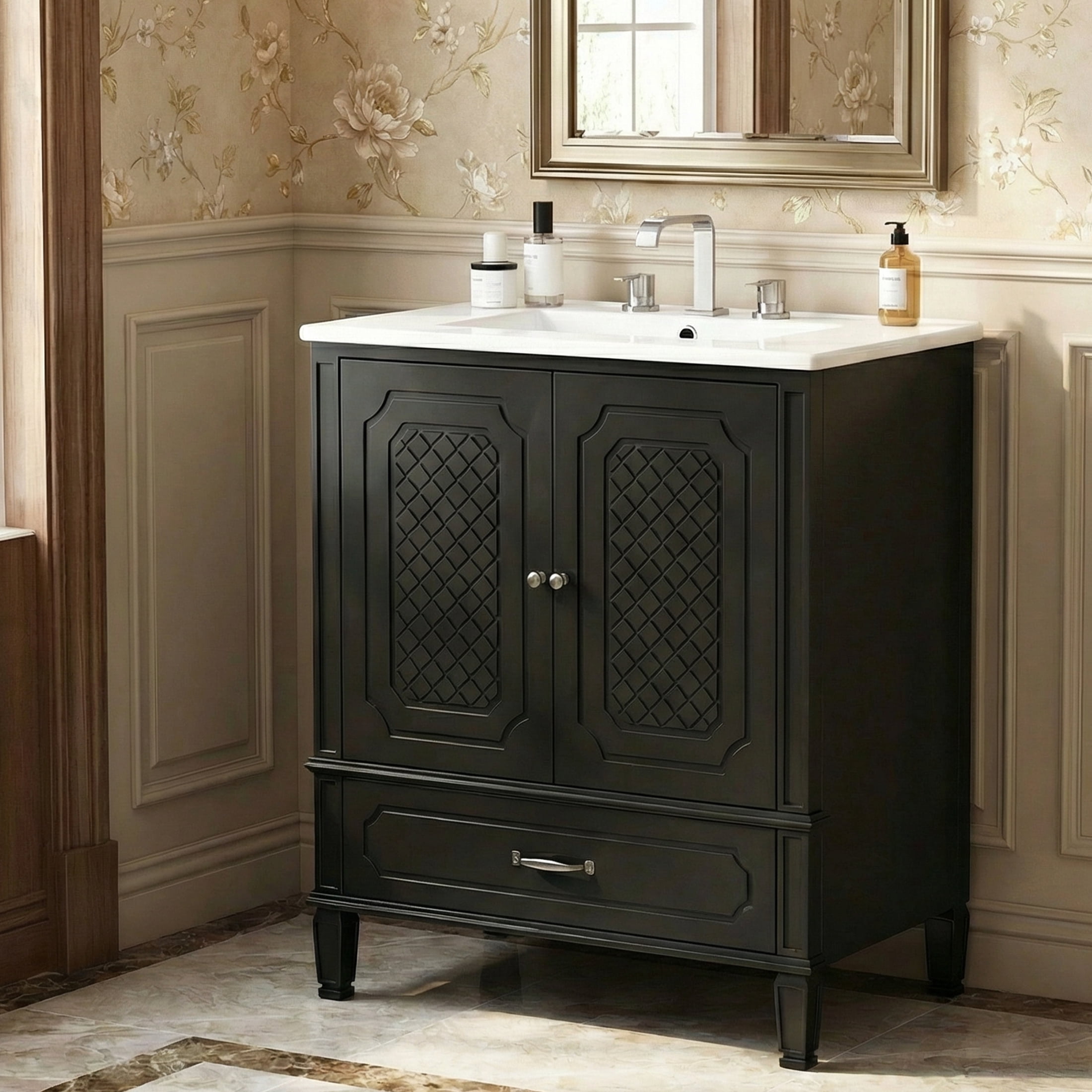 30" Bathroom Vanity with Sink, Acacia Wood Vanity Cabinet with 2 Door ...