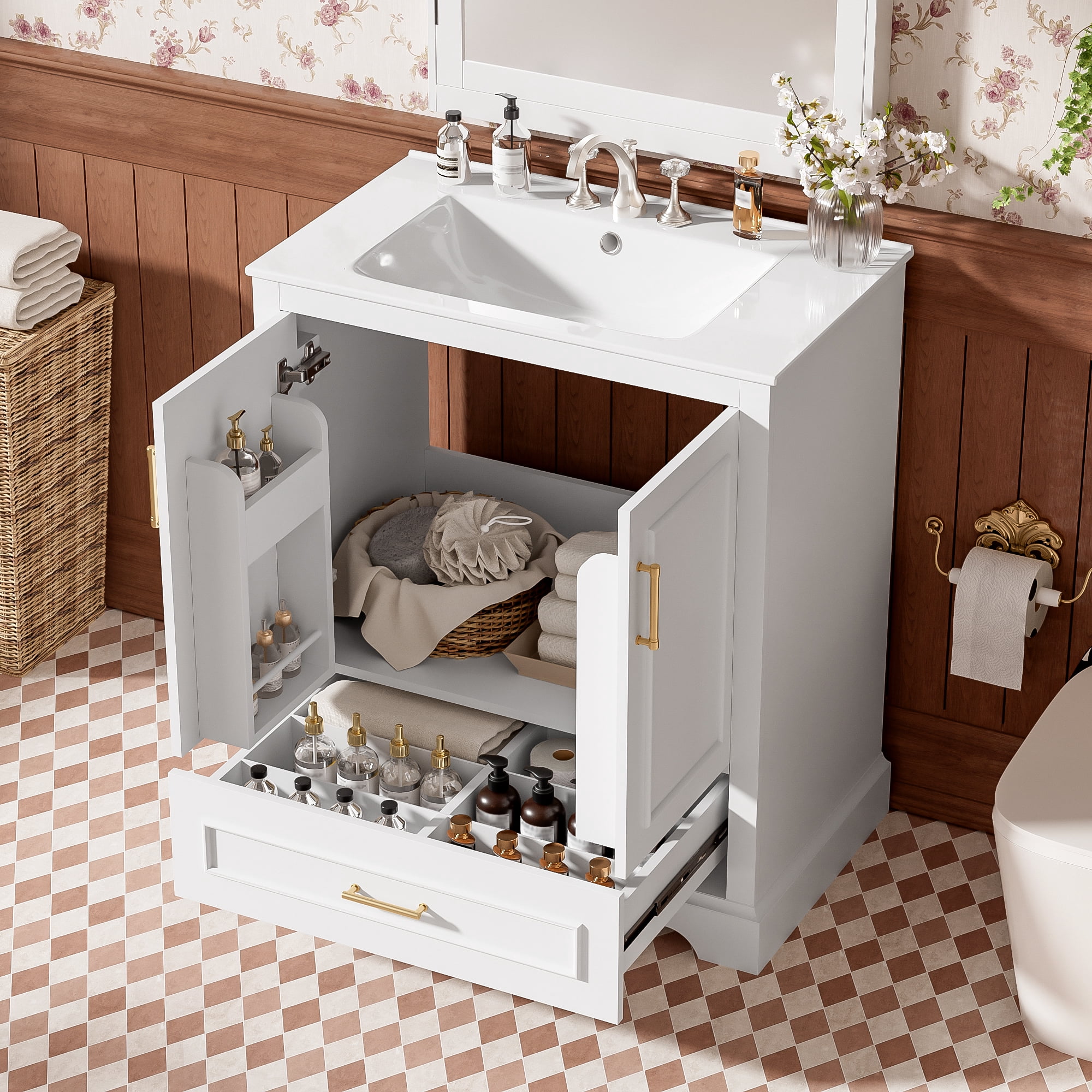 30" Bathroom Vanity with Sink, MDF and Solid Wood Frame, 1 Divider ...
