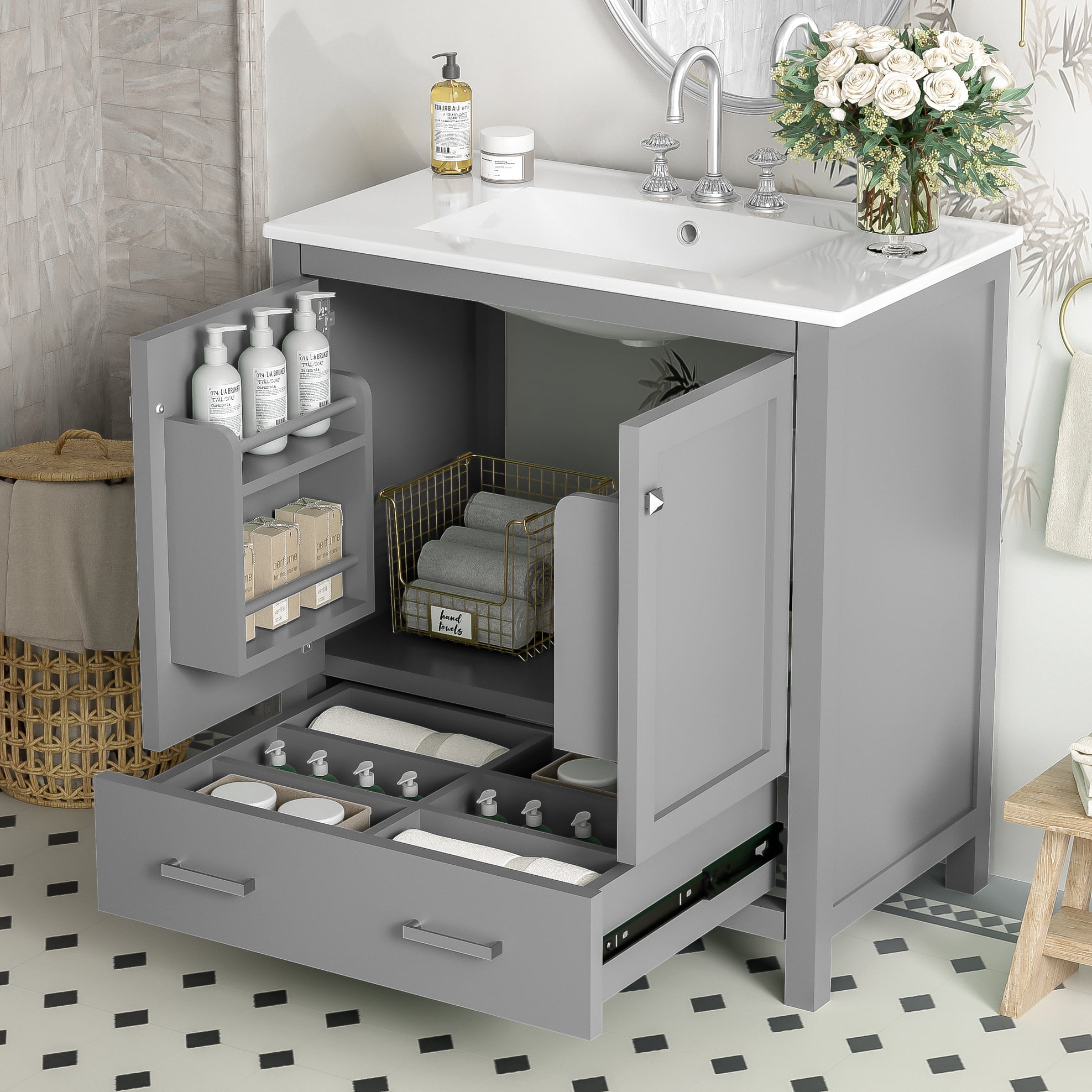 30" Bathroom Wardrobe Gray. Single Sink Vanity With Doors. 2-door And 1 ...
