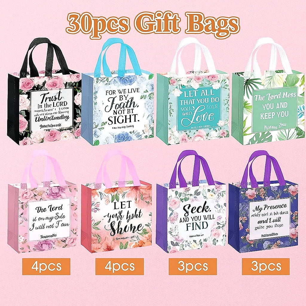 30 Bible scripture flower gift bags with handles, religious reusable ...