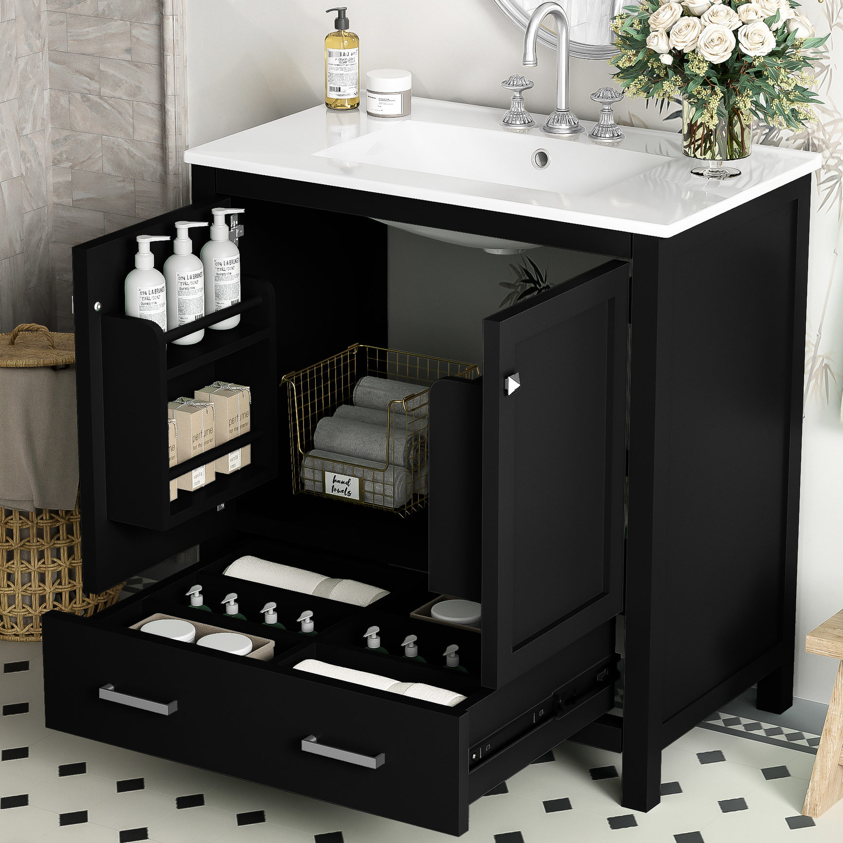 30" Black Bathroom Vanity - Divided Drawer for Organization - Bathroom ...
