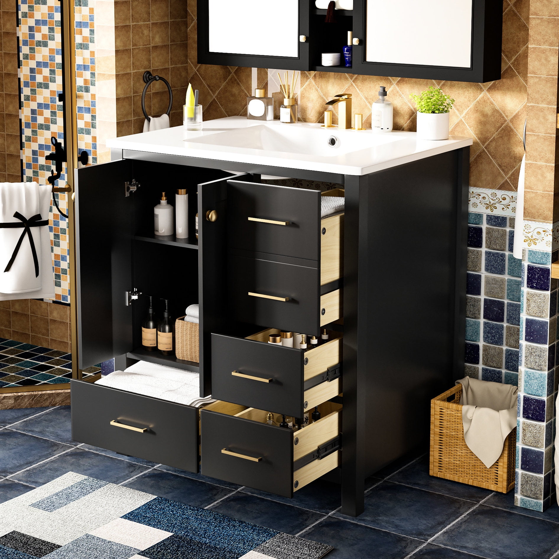 30'' Black Bathroom Vanity with Sink | Ample Storage for Toiletries ...