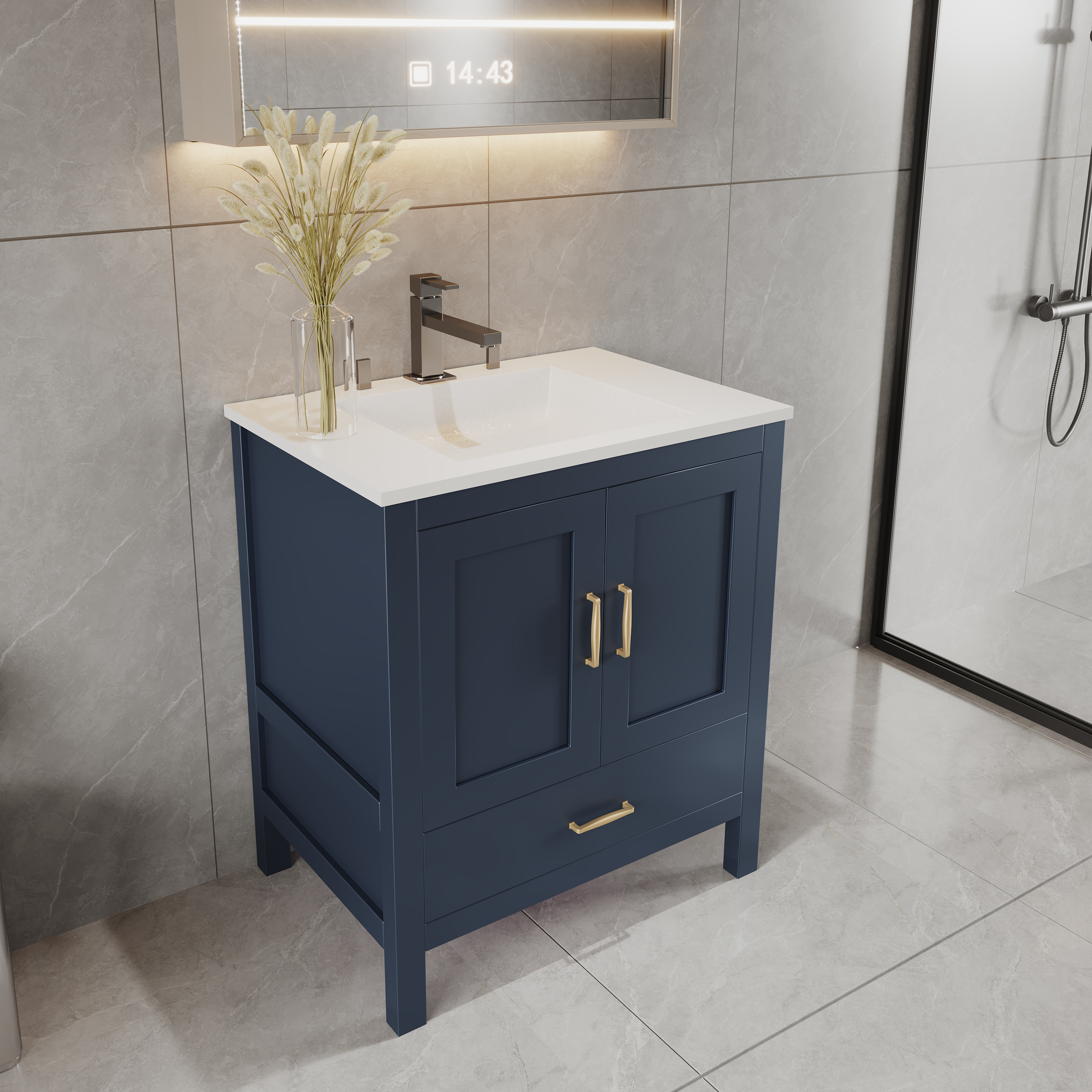 30" Blue Freestanding Bath Vanity with Bottom Drawer, Blue Sink Base ...