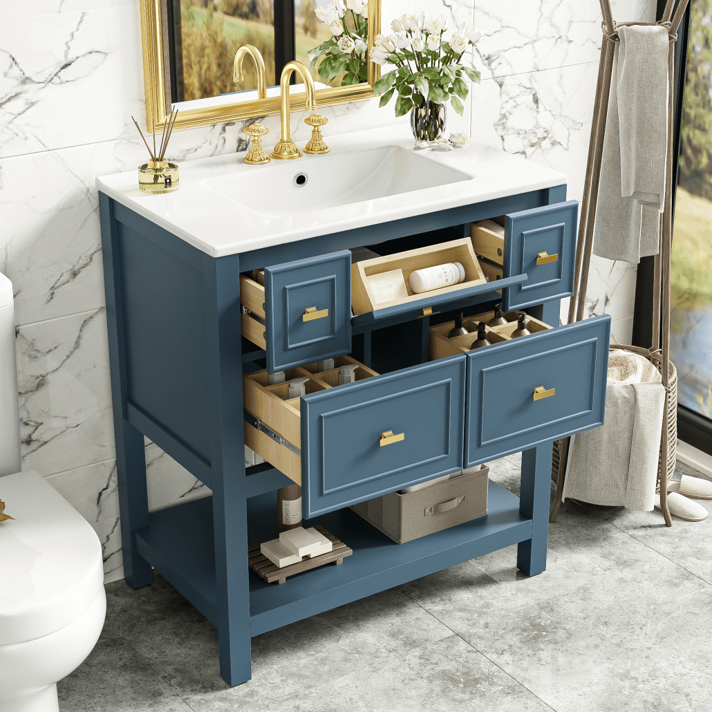 30'' Blue Modern Coastal Bathroom Vanity with Ceramic Sink - 5-Drawer ...