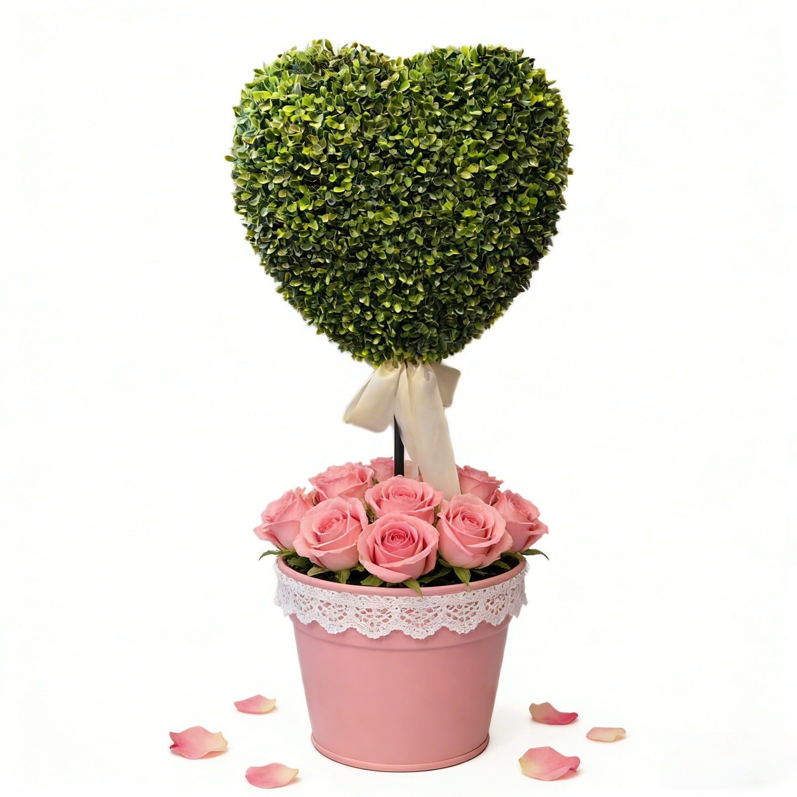 30" Boxwood Heart with Bow Topiary, Green and White, Valentine's Day ...