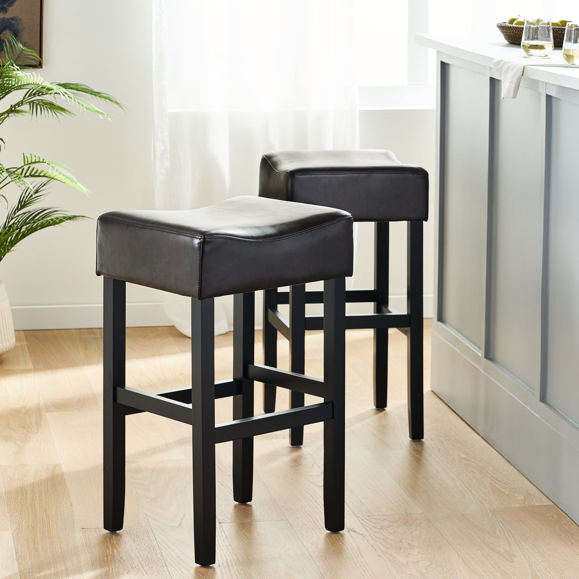 30" Brown Bonded Leather Backless Stools (2) - Stable Rubberwood Legs ...