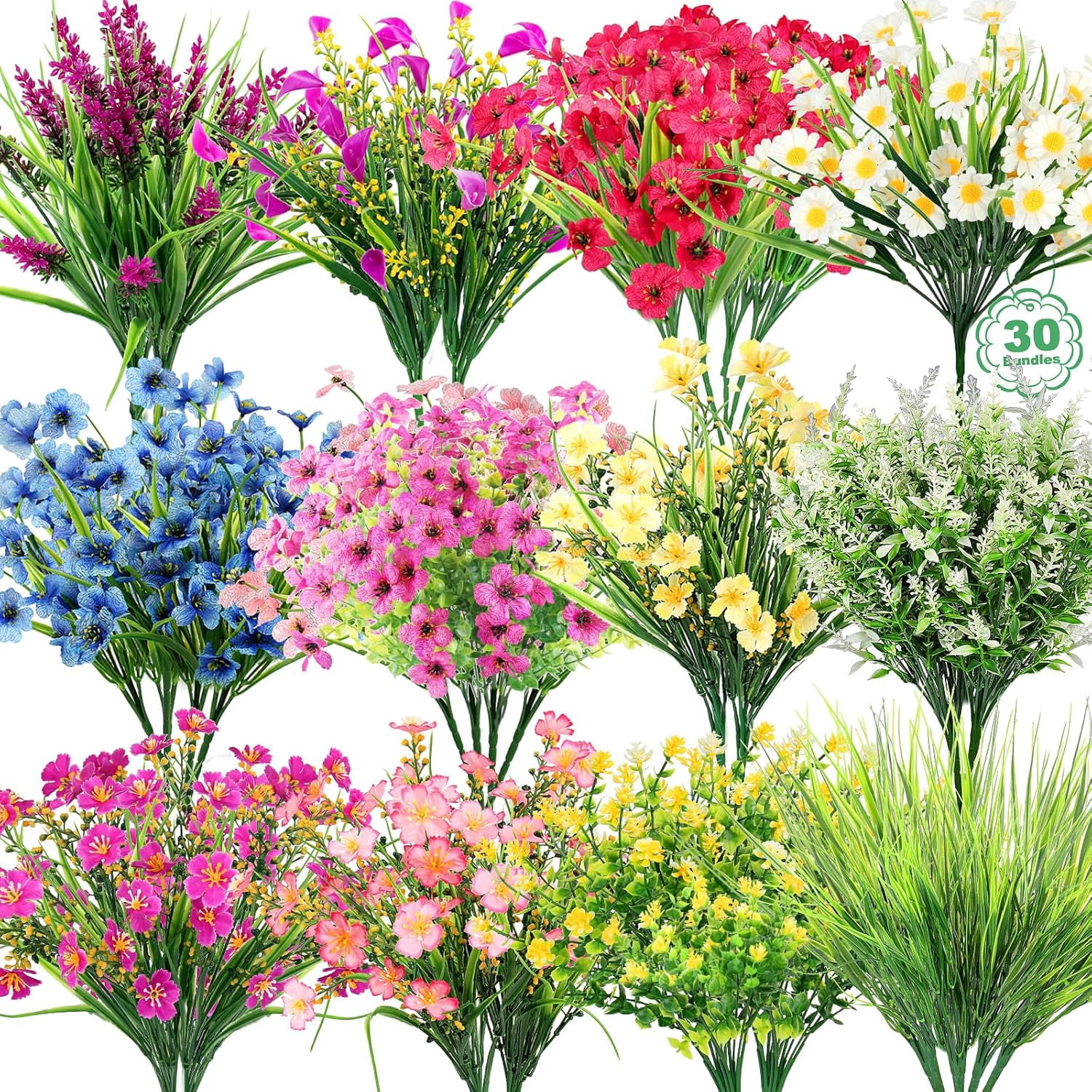 30 Bundles 12 Style Artificial Flowers for Outdoors Fake Silk Flowers ...
