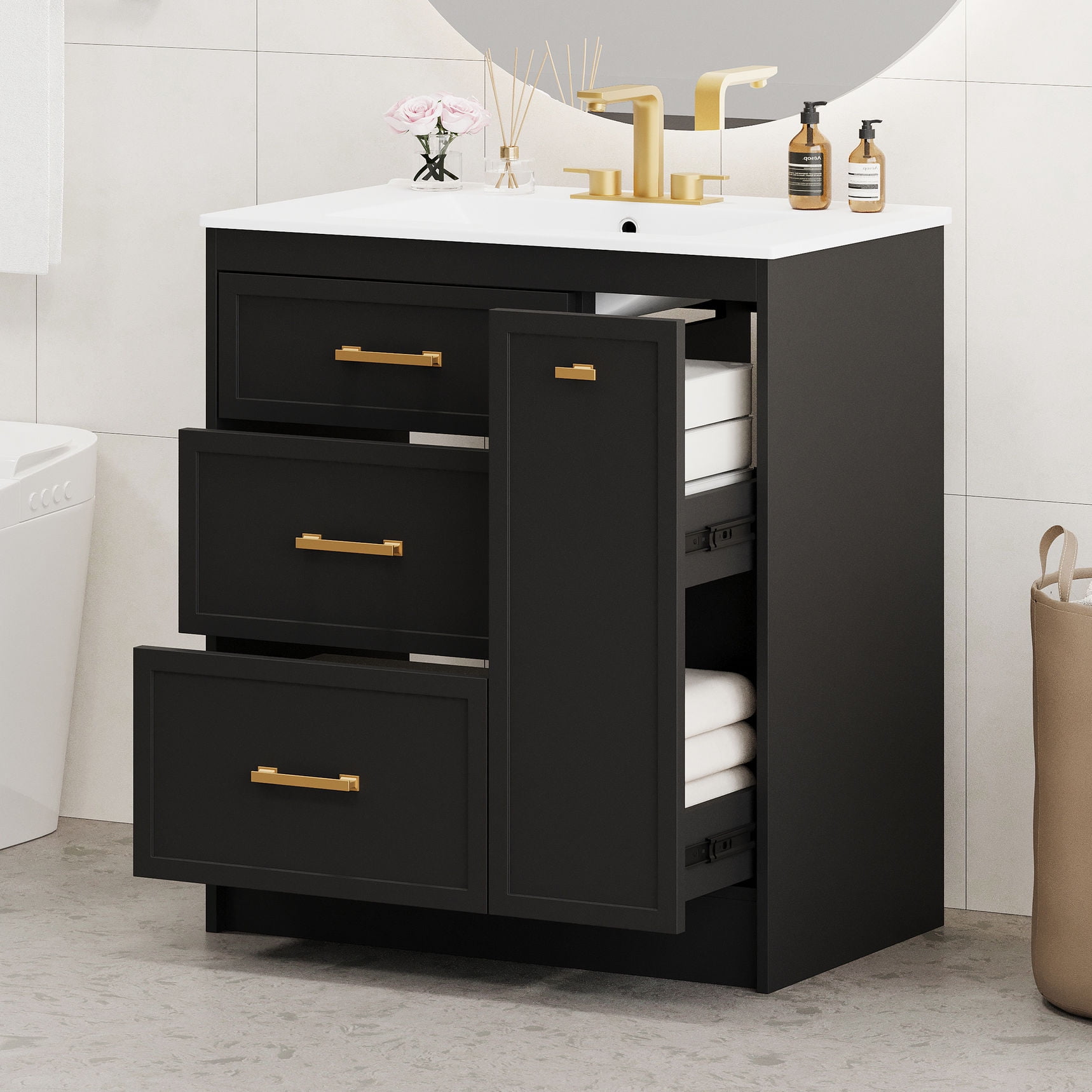 30" Classic Black Bathroom Vanity with Double - Layer Drawer | Elegant ...
