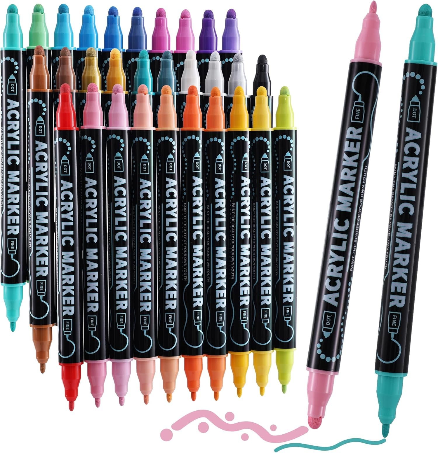 30 Colors Dual Tip Markers, Dot & Fine Tip Coloring Drawing Pens Set ...