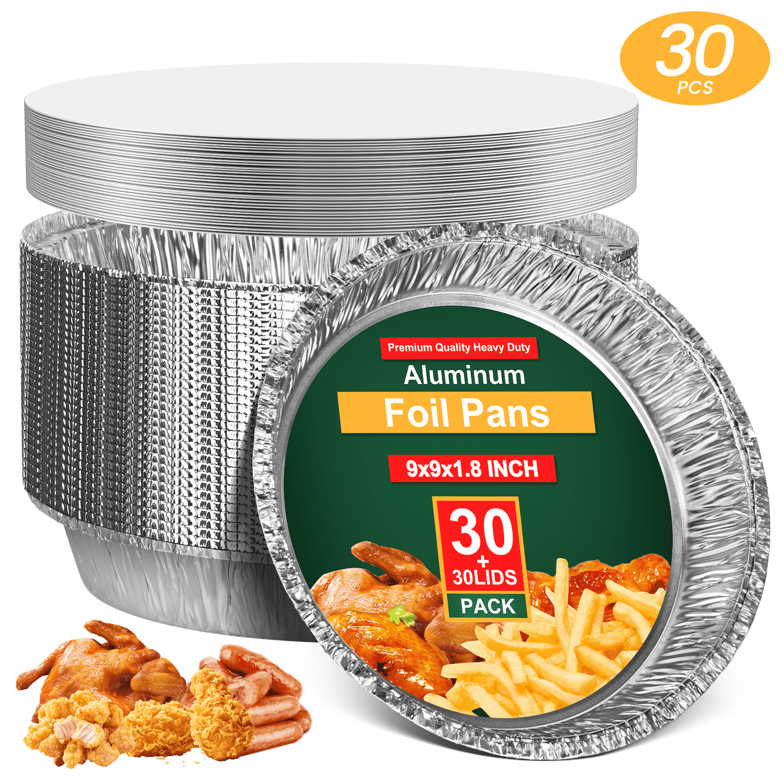 30 Count 9 Inch Disposable Round Aluminum Foil Pans with Clear Plastic ...
