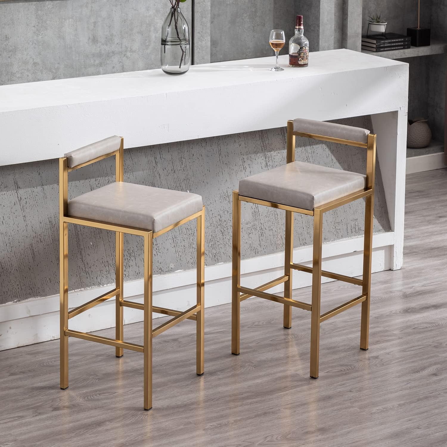 30" Cream & Gold Bar Stools Set of 2, PU Leather Counter Height ...
