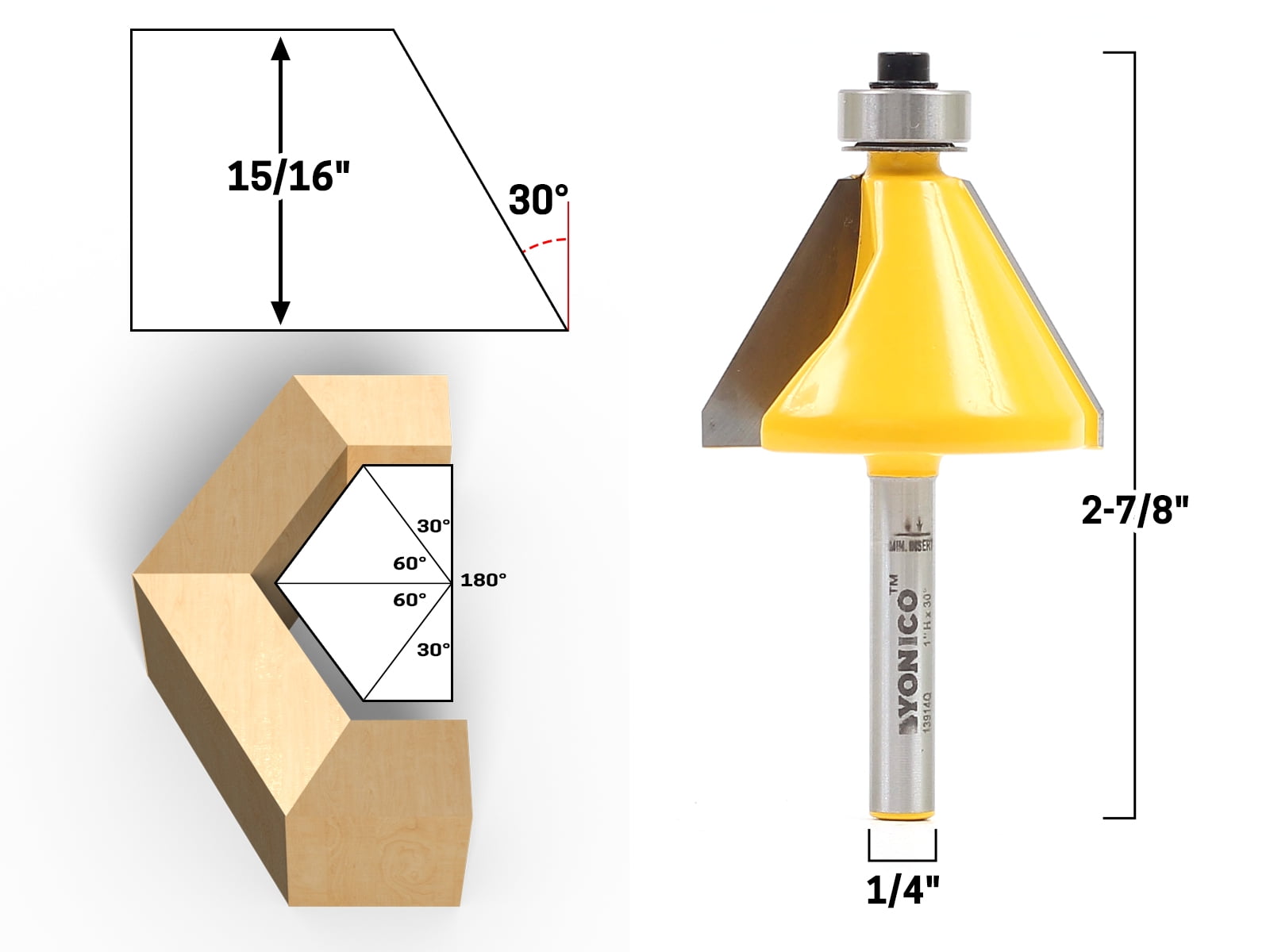 30 Degree Bevel Edge Forming Router Bit - 1/4" Shank - Yonico 13914q ...