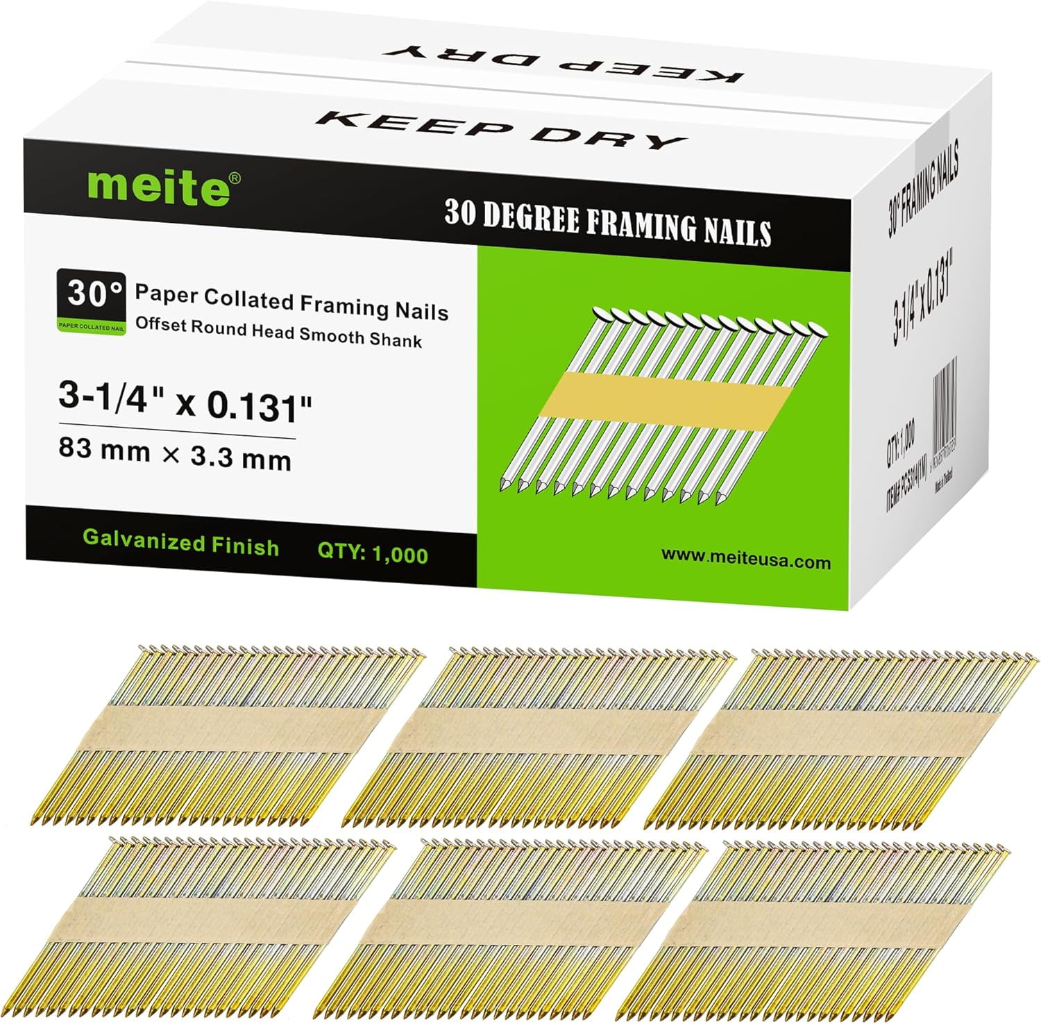 30 Degree Framing Nails 3-1/4 Inch x .131-Inch, Electro-Galvanized ...
