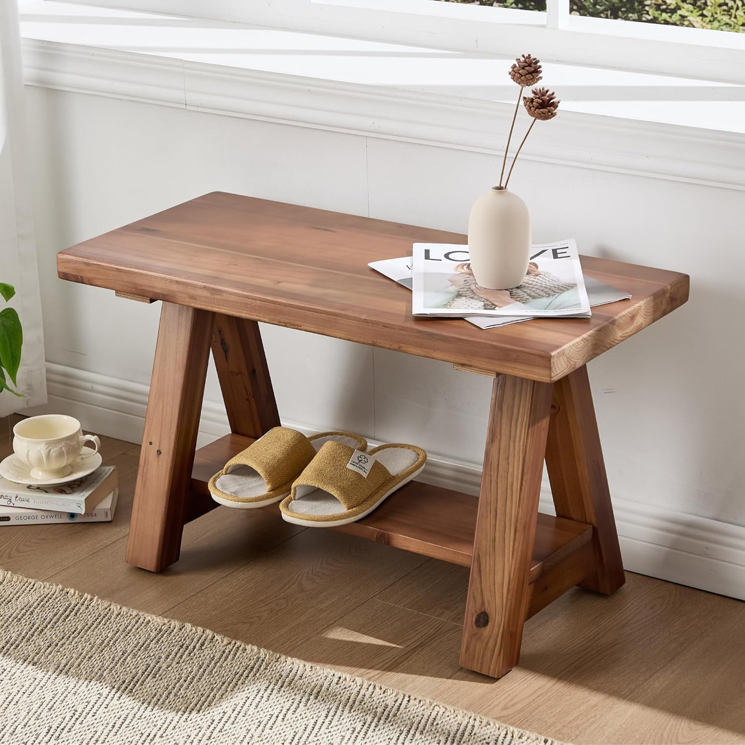 30" Entryway Bench with Storage Farmhouse Narrow Dining Bench Shoe Rack ...