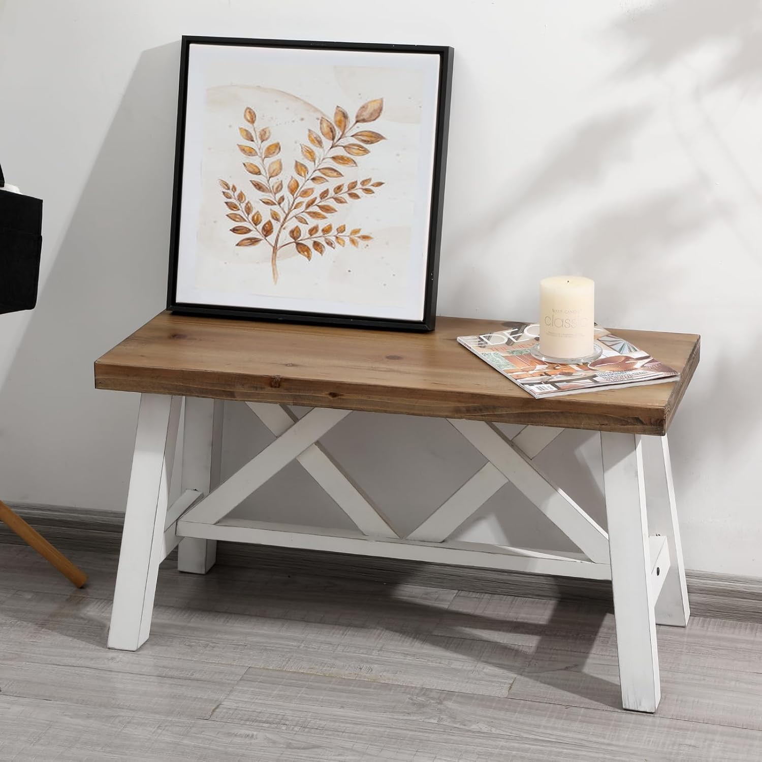 30" Farmhouse Wood Bench, Rustic Solid Wood Entryway Bench Seat with ...