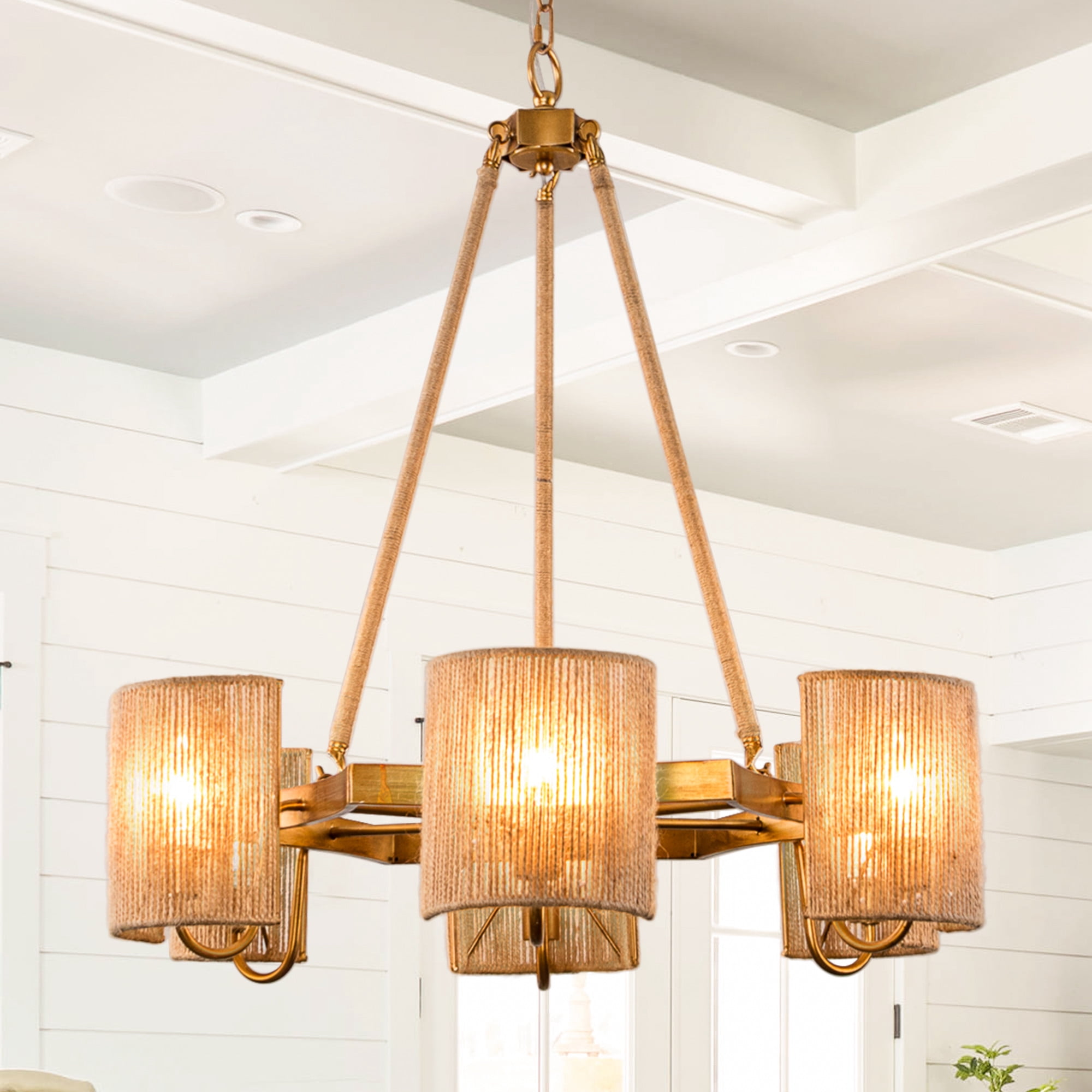 30'' Farmhouse Wood Chandelier, 6-Light Rustic Dining Room Light ...
