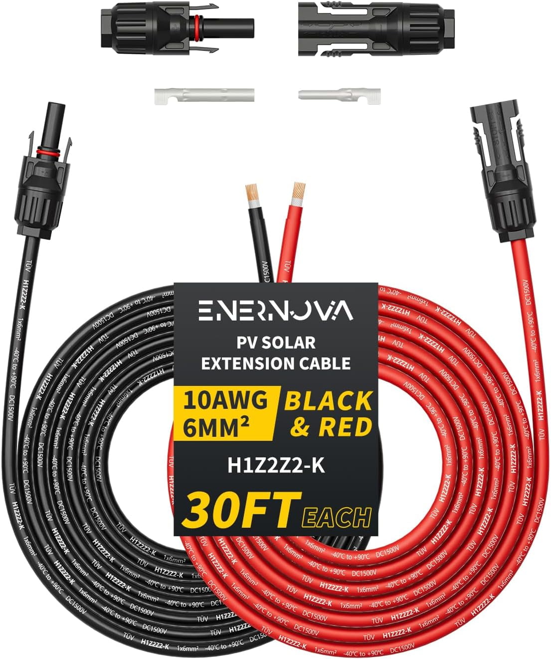 30 Feet 10AWG Solar Cable with Female and Male Connector with Extra Free Pair of Connectors, 10 ...