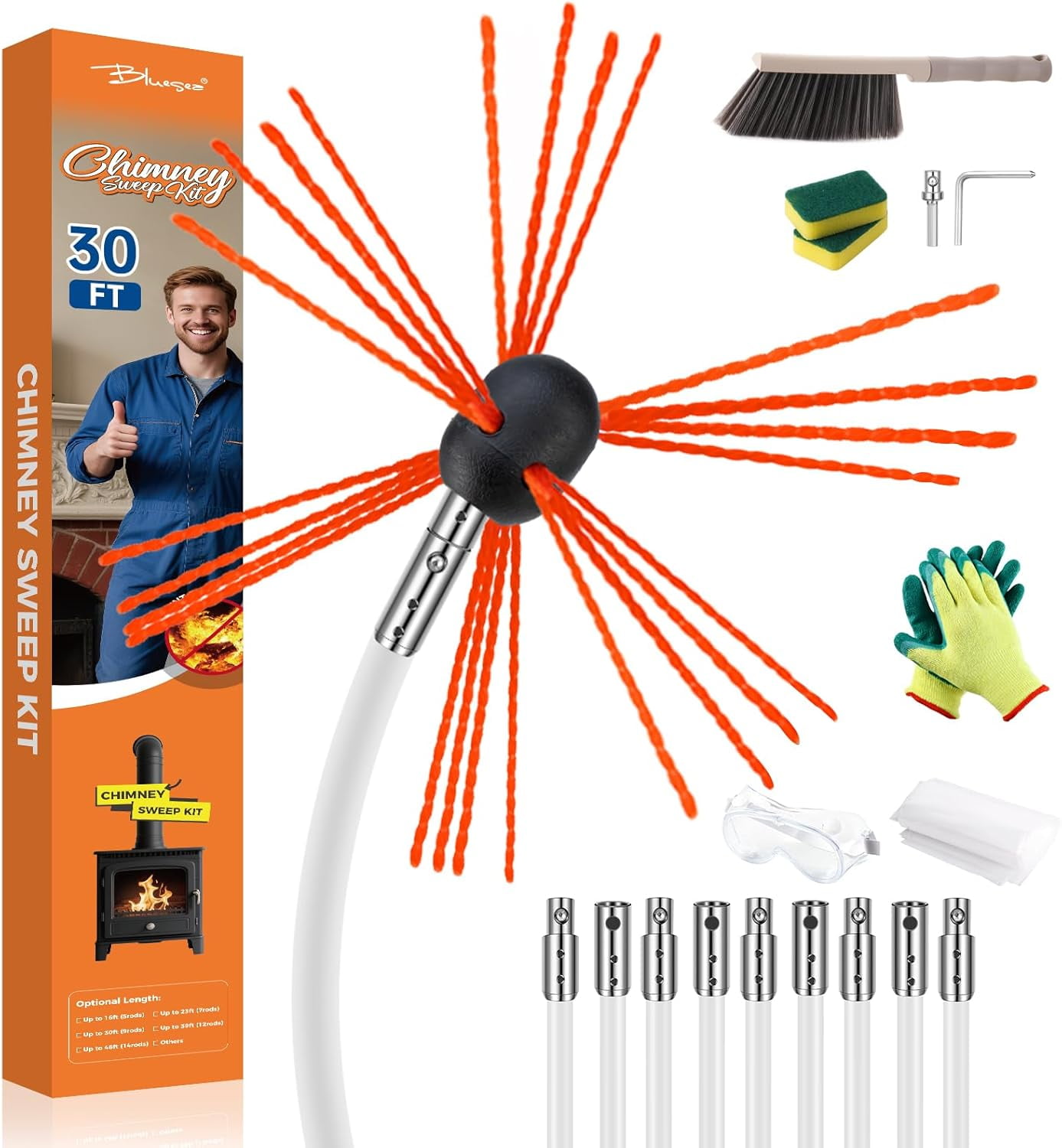30 Feet Chimney Sweep Kit, Ergonomic Chimney Cleaning Kit, Exte Up to ...