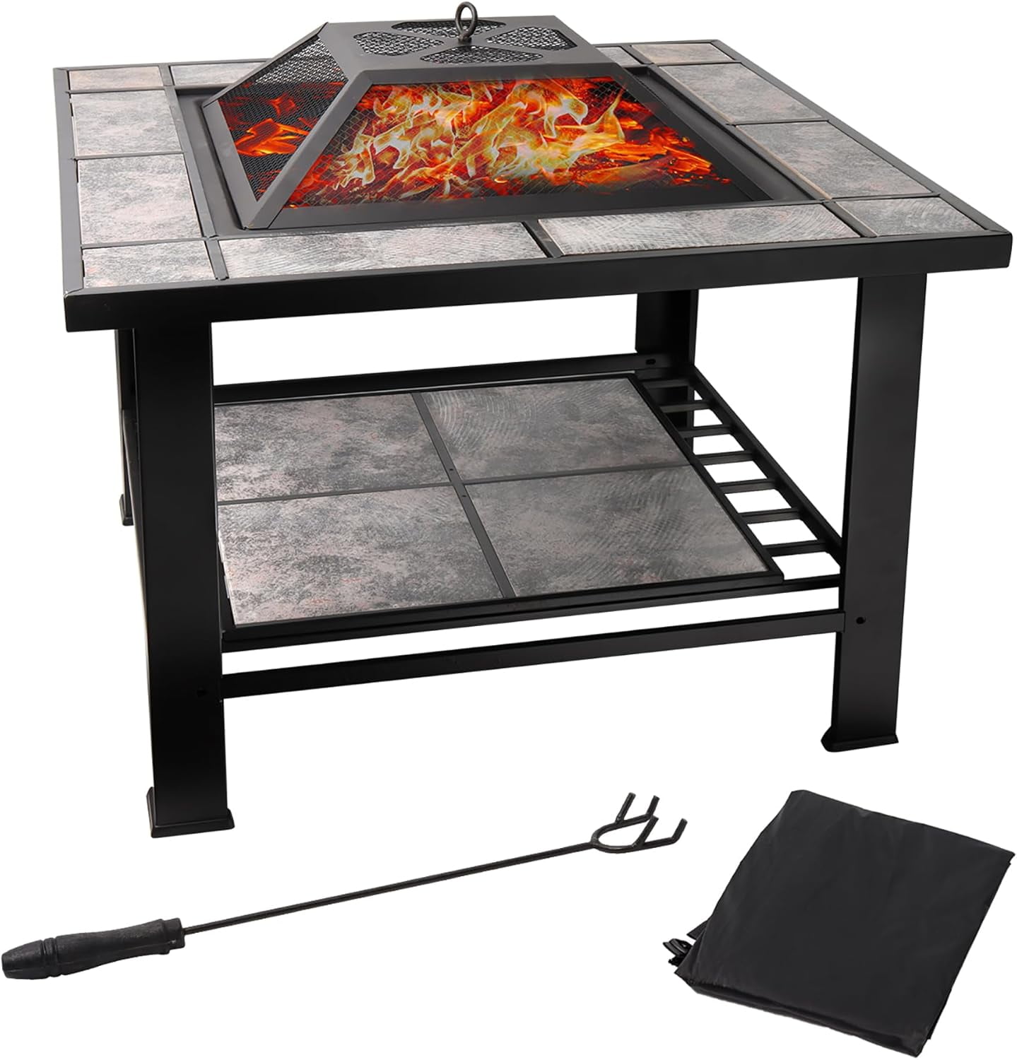 30" Fire Pit Table, Professional Fire Pit with Marble Tile Top, Mesh ...