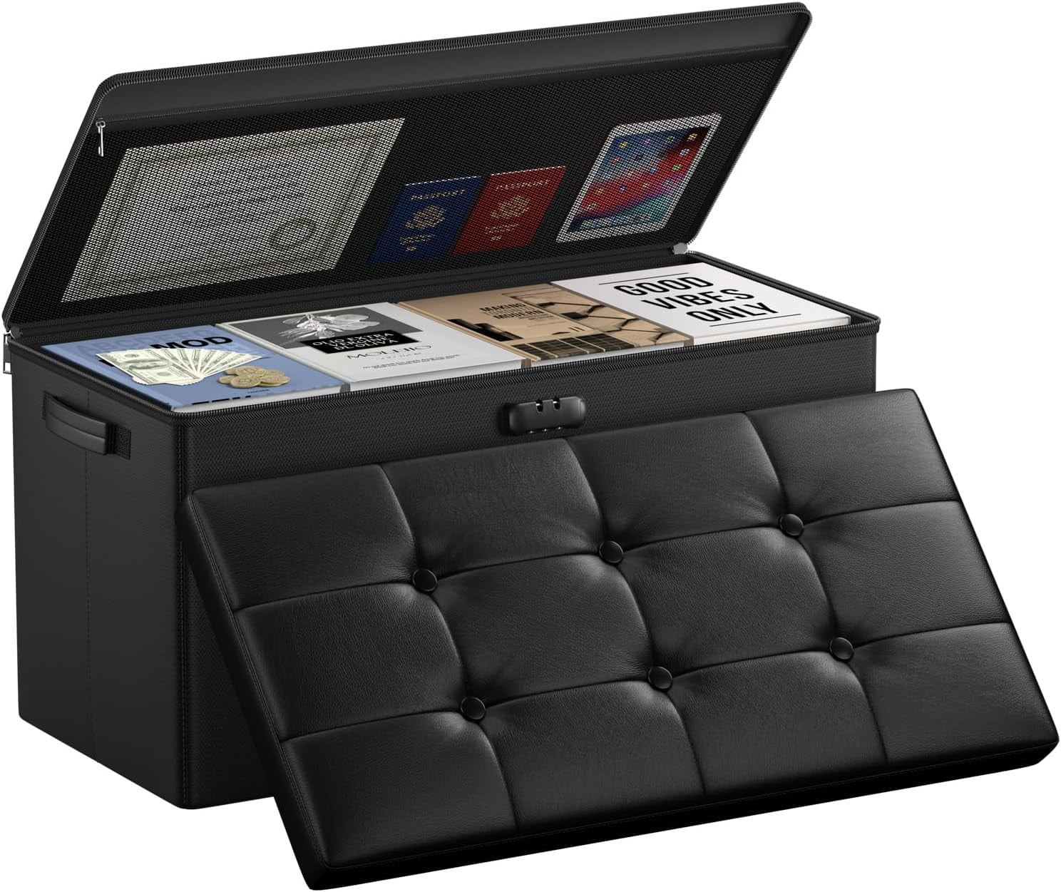 30" Fireproof & Waterproof Leather Storage Ottoman Bench with Lock ...