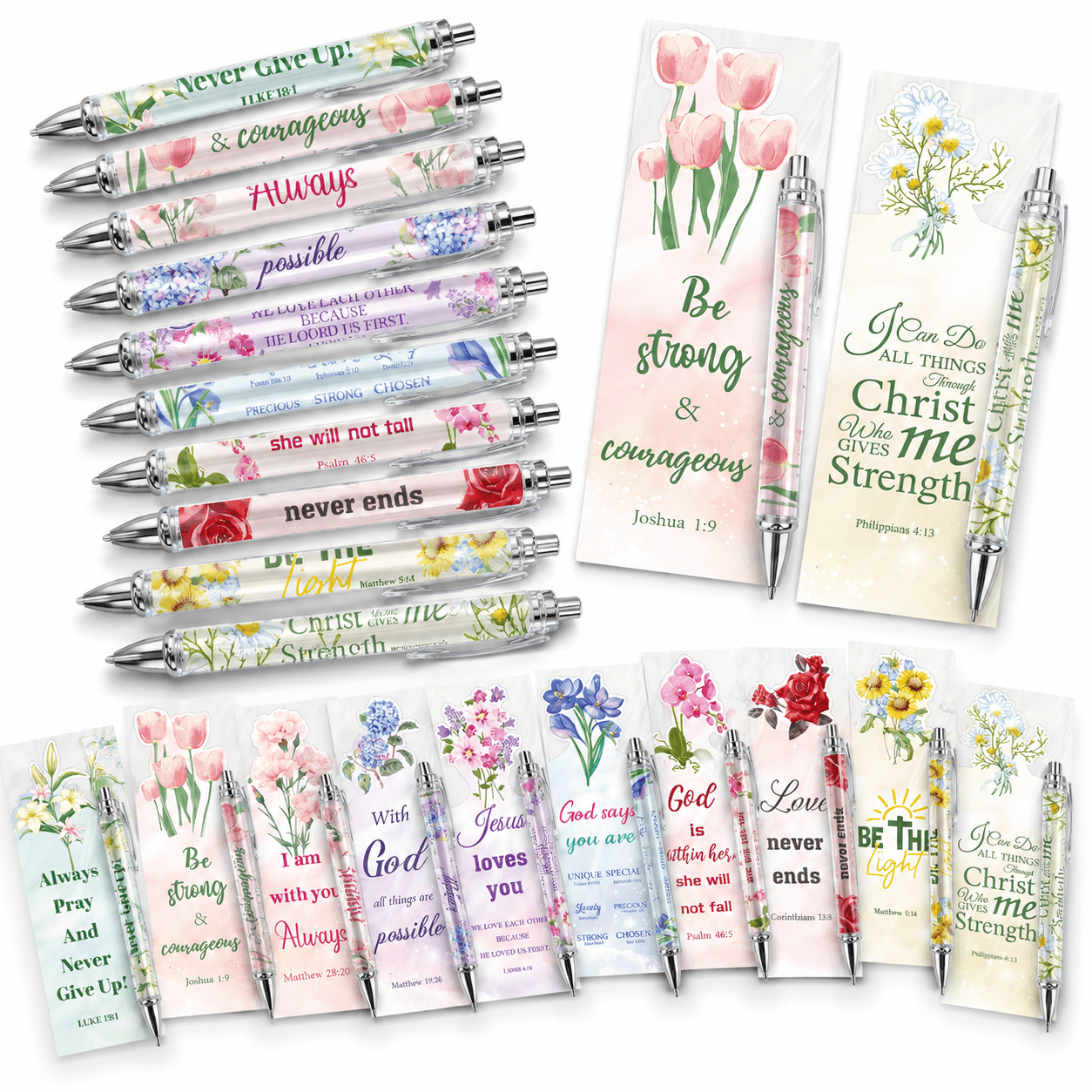 30 Floral Religious Verse Ballpoint Pen and Bookmark Bulk Gift Set ...