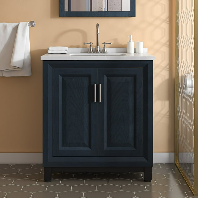 30" Freestanding Vanity with Marble Top and Storage Cabinet - Navy Blue ...