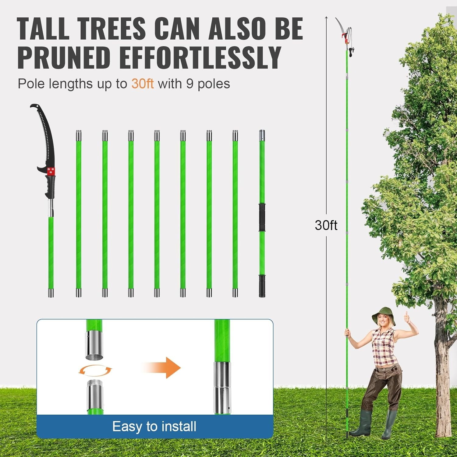 30 Ft Manual Pole Saw, Extendable Tree Pruner Blade and Scissors Set ...