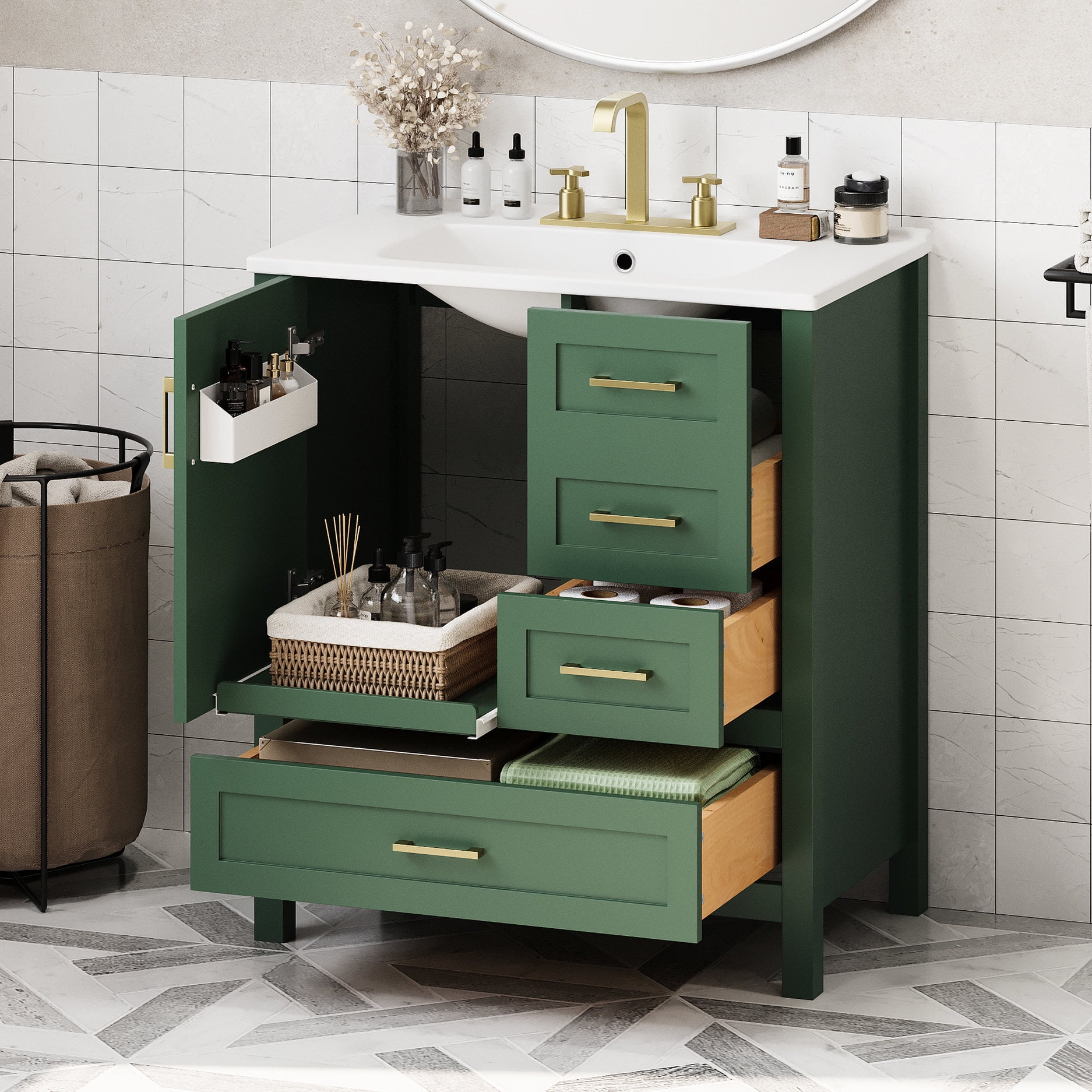 30" Green Bathroom Cabinet | Soft Close Mechanism & Silver Handles ...