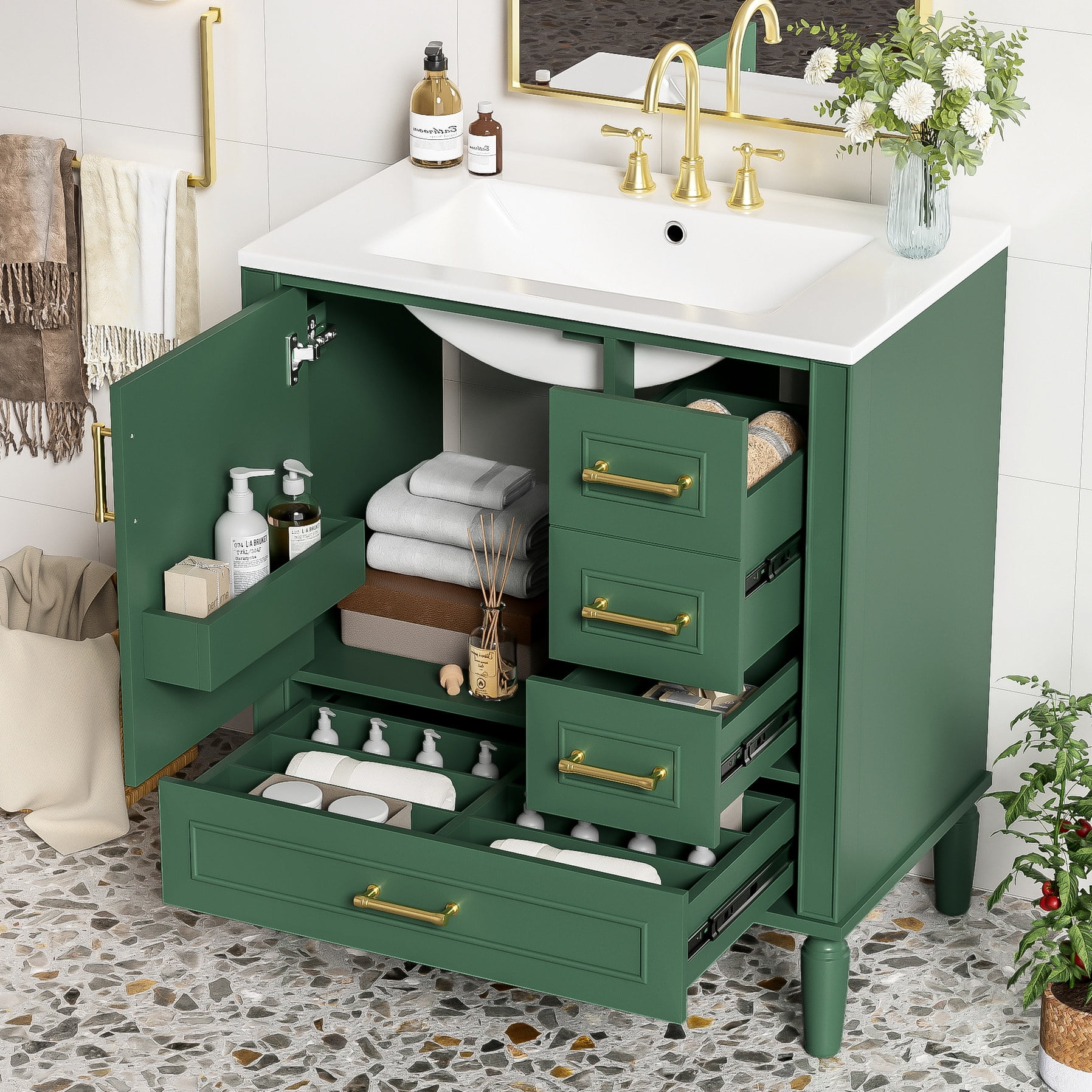 30" Green Vanity | Overflow Drain & Sturdy Structure | Organized ...