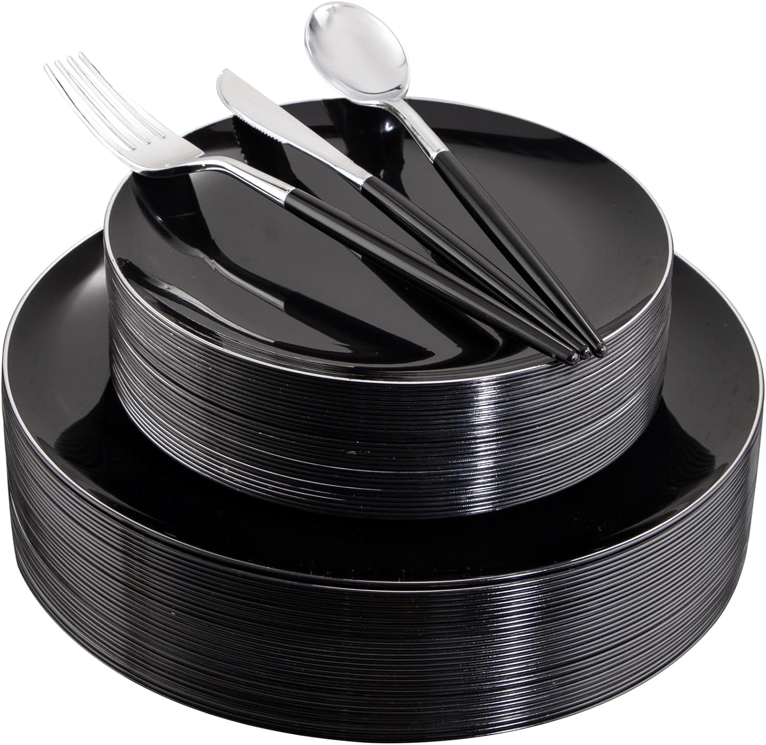 30 Guests Black Plastic Plates with Disposable Silverware,Silver ...