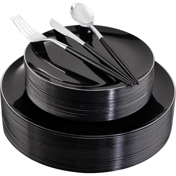 30 Guests Black Plastic Plates with Disposable Silverware,Silver ...