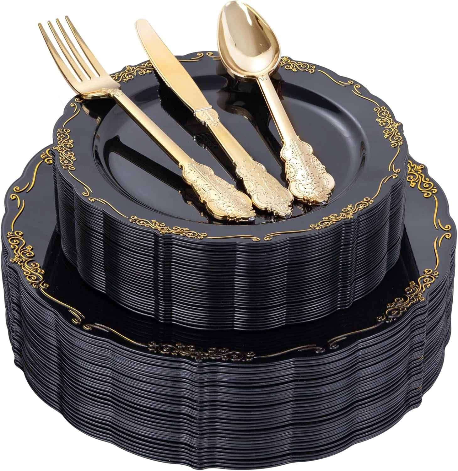 30 Guests Gold Plastic Plates with Disposable Silverware,Gold Cutlery ...