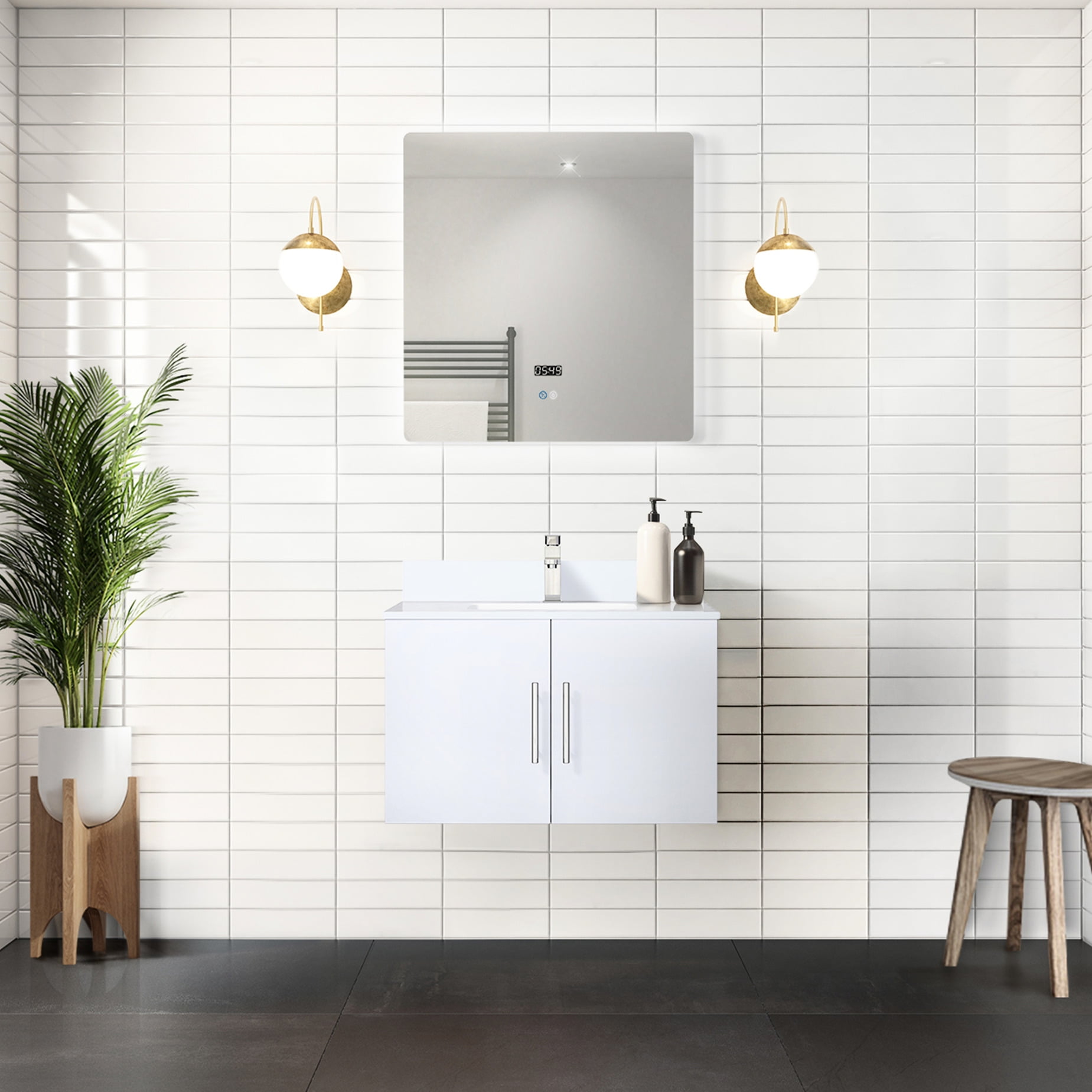 30 In. Glossy White Bathroom Vanity, Solid Wood Frame, Marble Surface ...