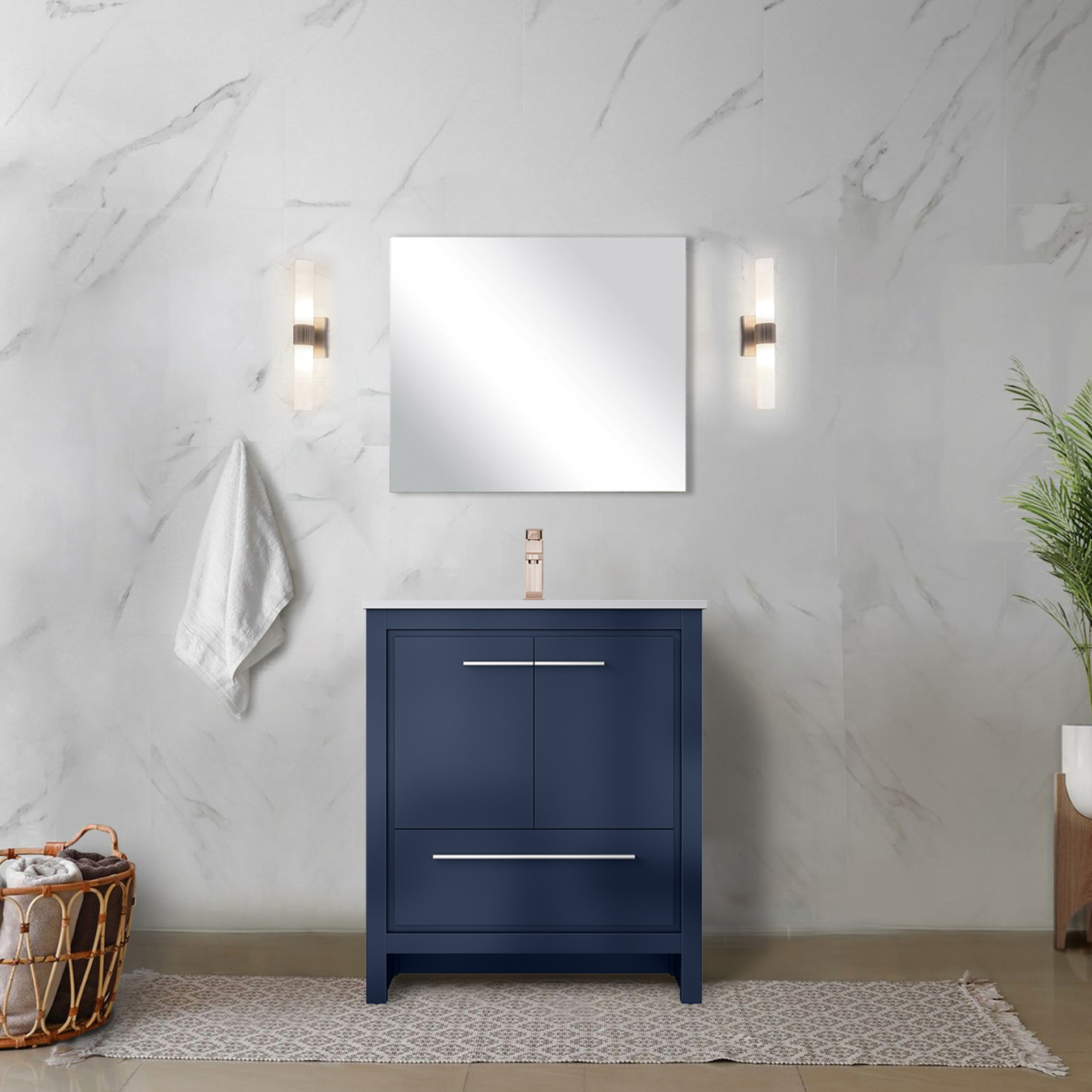 30 In. W X 20 D Navy Blue Bath Vanity With White Quartz Top And Rose ...